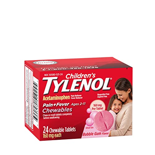 Tylenol Children's Chewables with 160 mg Acetaminophen, Pain Reliever & Fever Reducer for Kids' Cold + Flu Symptoms, Headache, Sore Throat & Toothache, Aspirin-Free, Bubble Gum, 24 ct