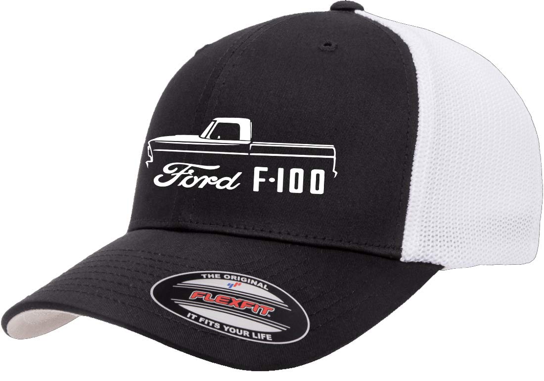 1967-72 Ford F100 Pickup Truck Outline Design Flexfit Trucker Mesh Fitted Cap Black/White