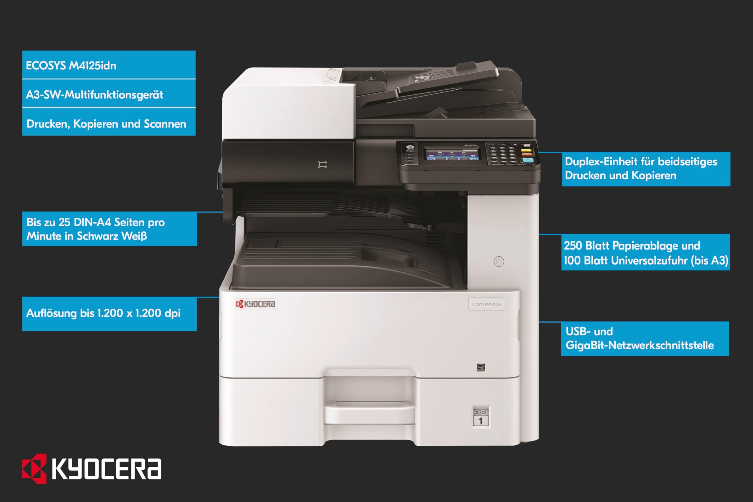 Kyocera 1102P22US0 Model ECOSYS M4125idn Monochrome A3 MFP Multi-Function Laser Printer (Print/Scan/Copy/Fax), 25 ppm B&W, Resolution 600 x 600 dpi Up To Fine 1200 x 1200 dpi, Duplex, HyPAS Capable