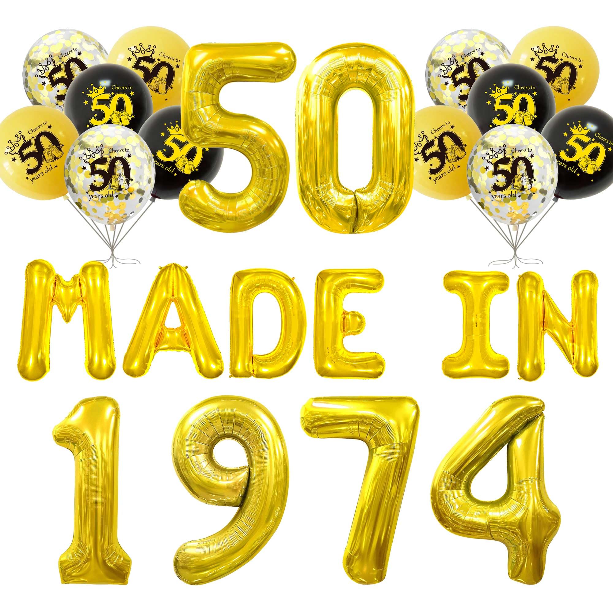 50th Black Gold Birthday Decorations for Men Women Gold Made in 1974 Foil Balloons Banner and 16 Pcs Happy 50th Birthday Latex Balloons 50th Years Old Party Supplies