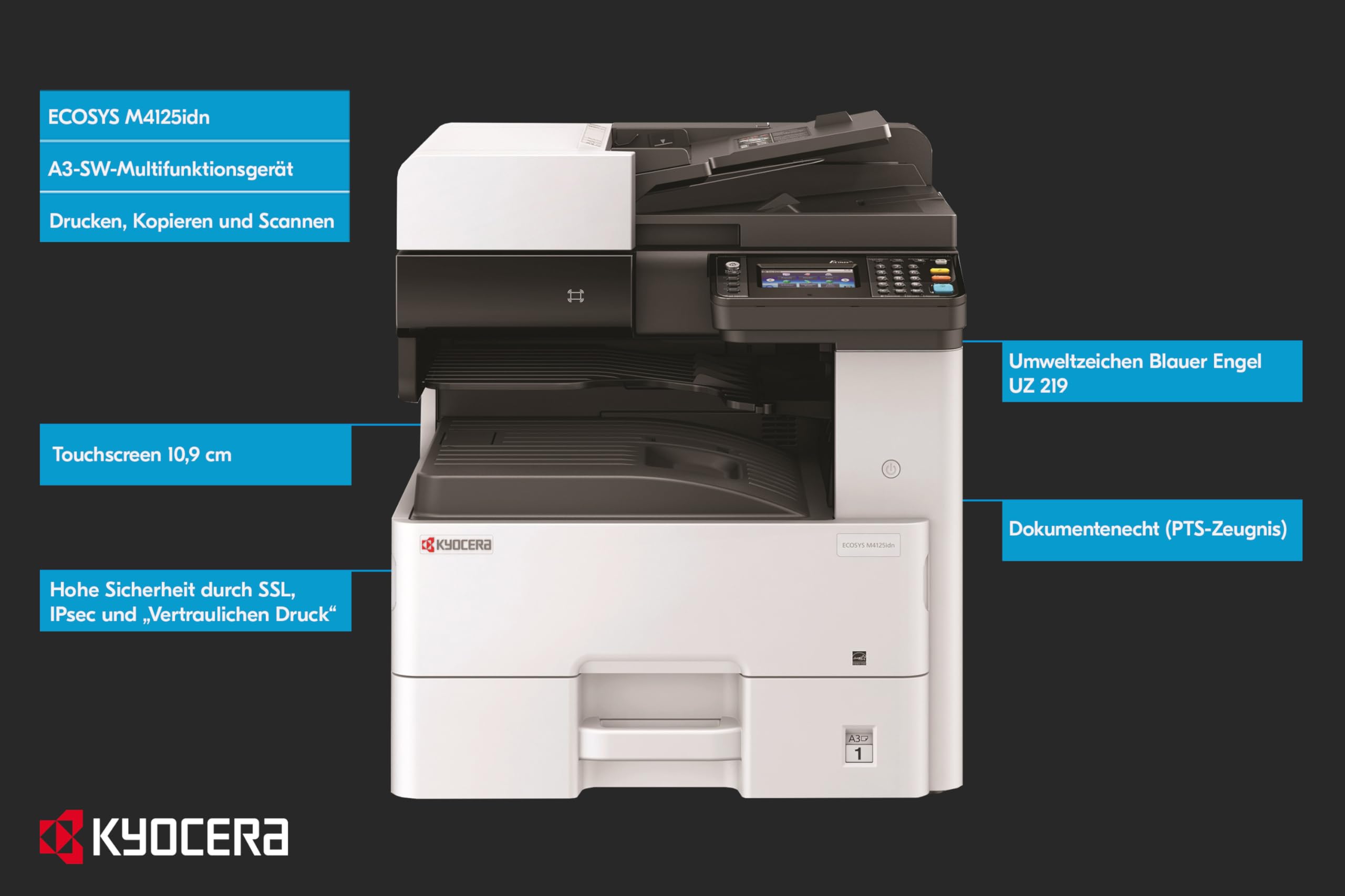 Kyocera 1102P22US0 Model ECOSYS M4125idn Monochrome A3 MFP Multi-Function Laser Printer (Print/Scan/Copy/Fax), 25 ppm B&W, Resolution 600 x 600 dpi Up To Fine 1200 x 1200 dpi, Duplex, HyPAS Capable