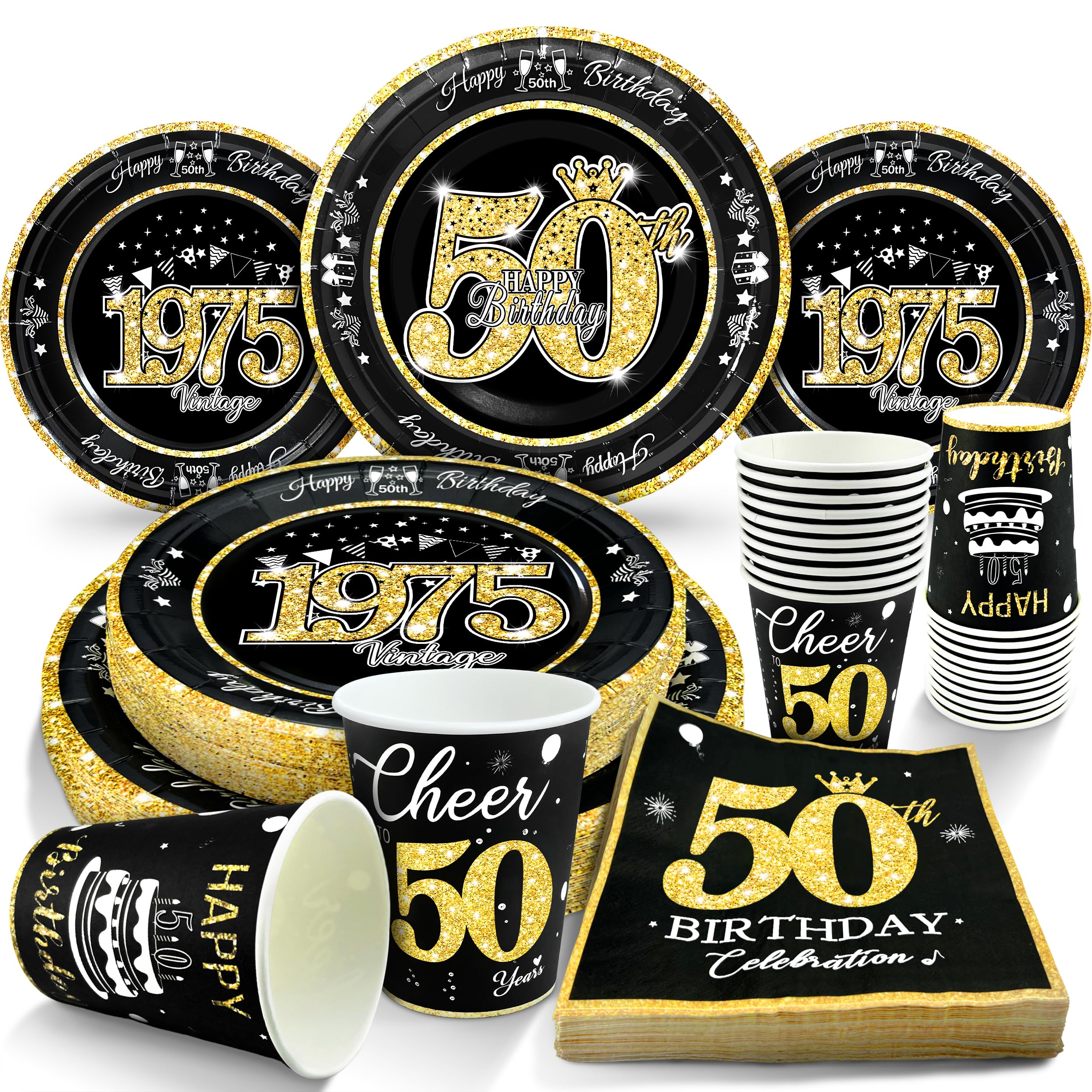algpty 50th Birthday Decorations Black and Gold, Service for 30, Vintage 50th Birthday Party Supplies Includes Black Vintage 1975 Plates, Napkins, Cups 50th Birthday Plates and Napkins for Men Women