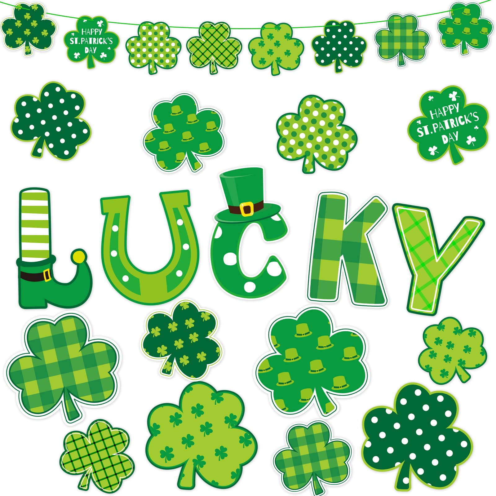 77Pcs St. Patrick's Day Shamrock Cutouts Decorations Green Lucky Irish Paper Clover Cut-Outs Includes Glue Points and Rope for Classroom Bulletin Board Game Party Supplies