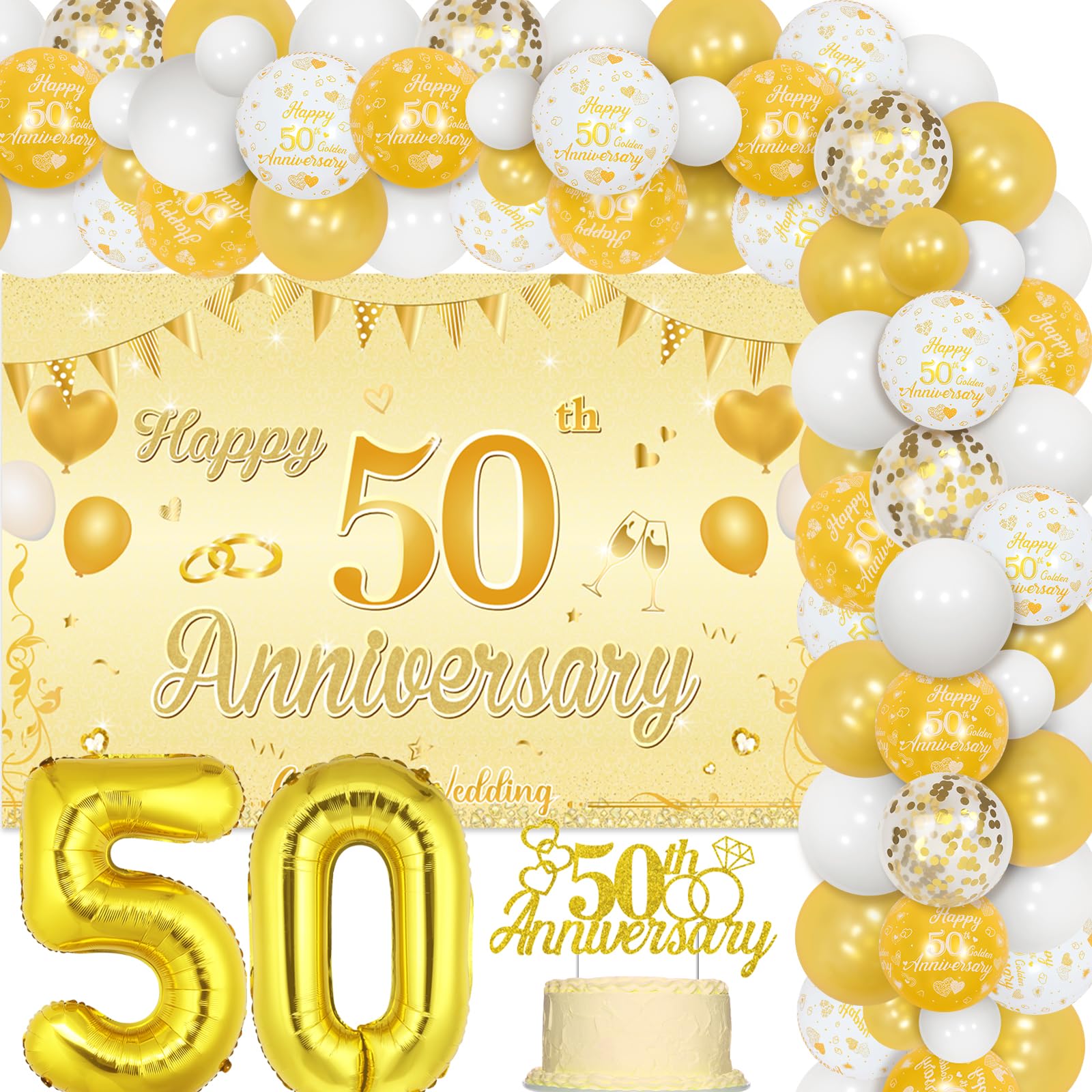 50th Golden Wedding Anniversary Decorations - Happy 50th Anniversary Gold and White Balloon Arch Kit with Backdrop, Cake Topper, Foil Balloons for Cheers to 50th Anniversary Party Supplies