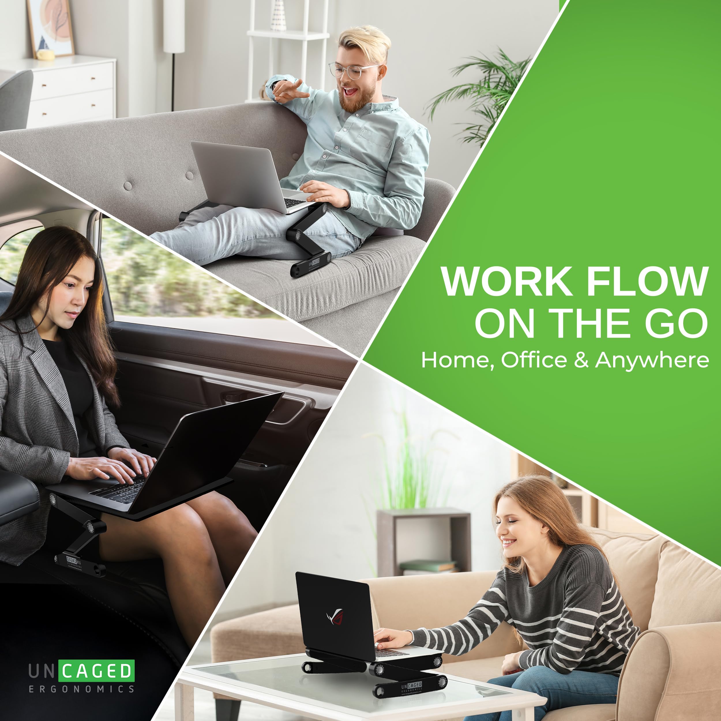 WorkEZ BEST Adjustable Laptop Stand Lap Desk for Bed Couch with Mouse Pad ergonomic height angle tilt aluminum desktop riser tray portable computer riser table cooler cooling folding holder black