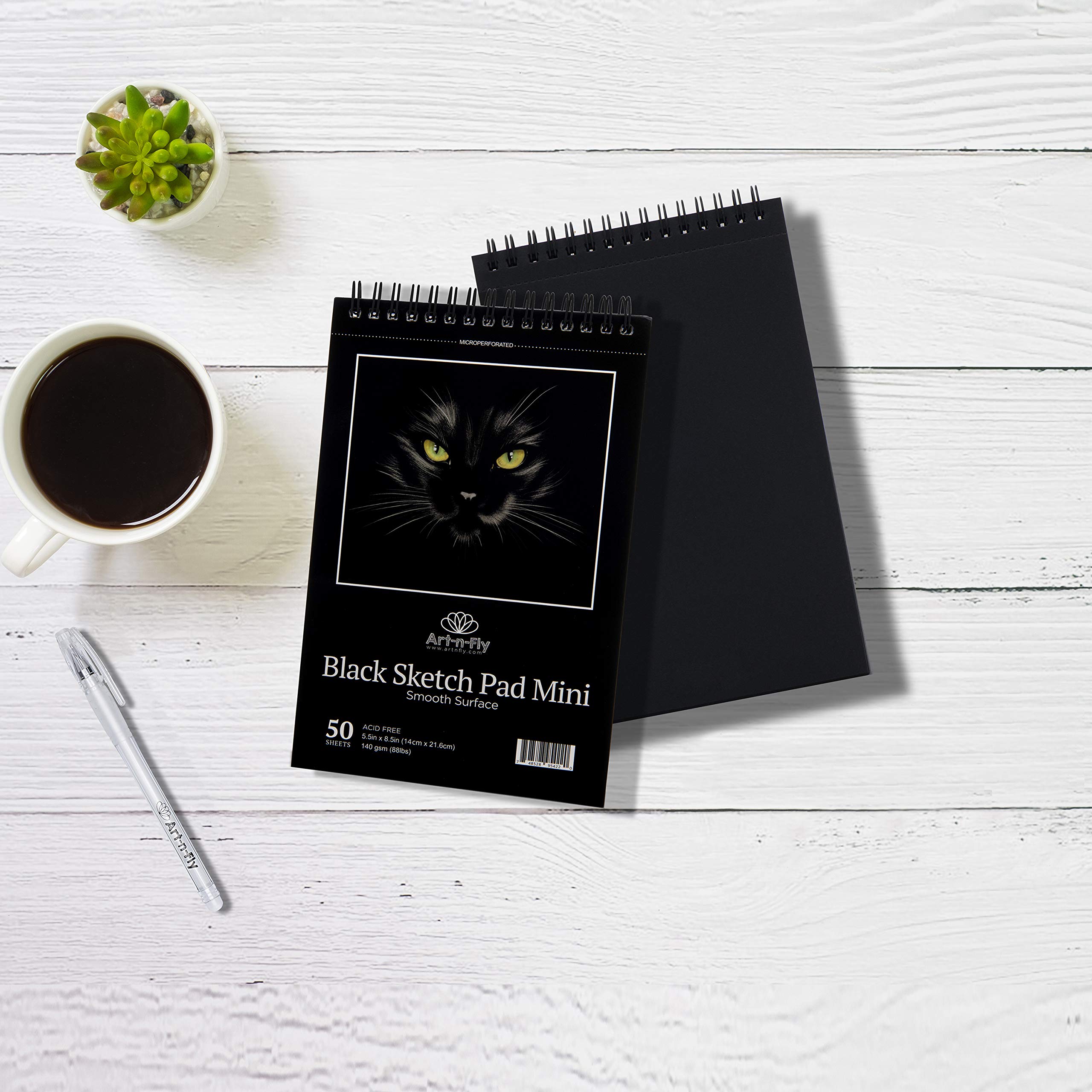 Art-N-Fly Black Sketch Pad Mini 5.5x8.5" 2 Pack - Black Paper Sketchbook for Drawings, Perforated Edge on Spiral 100 Sheets Total - Art Sketch Book for Coloured Pencils, Graphite, Pastels & Gel Pens