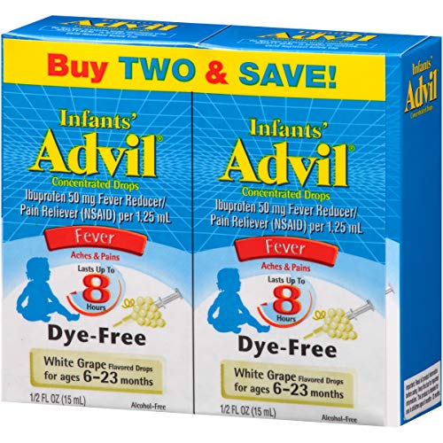 Advil Infants' Fever Reducer/Pain Reliever Dye-Free, 50mg Ibuprofen Concentrated Drops (White Grape Flavor, 0.5 fl. oz. Bottle, Pack of 2)