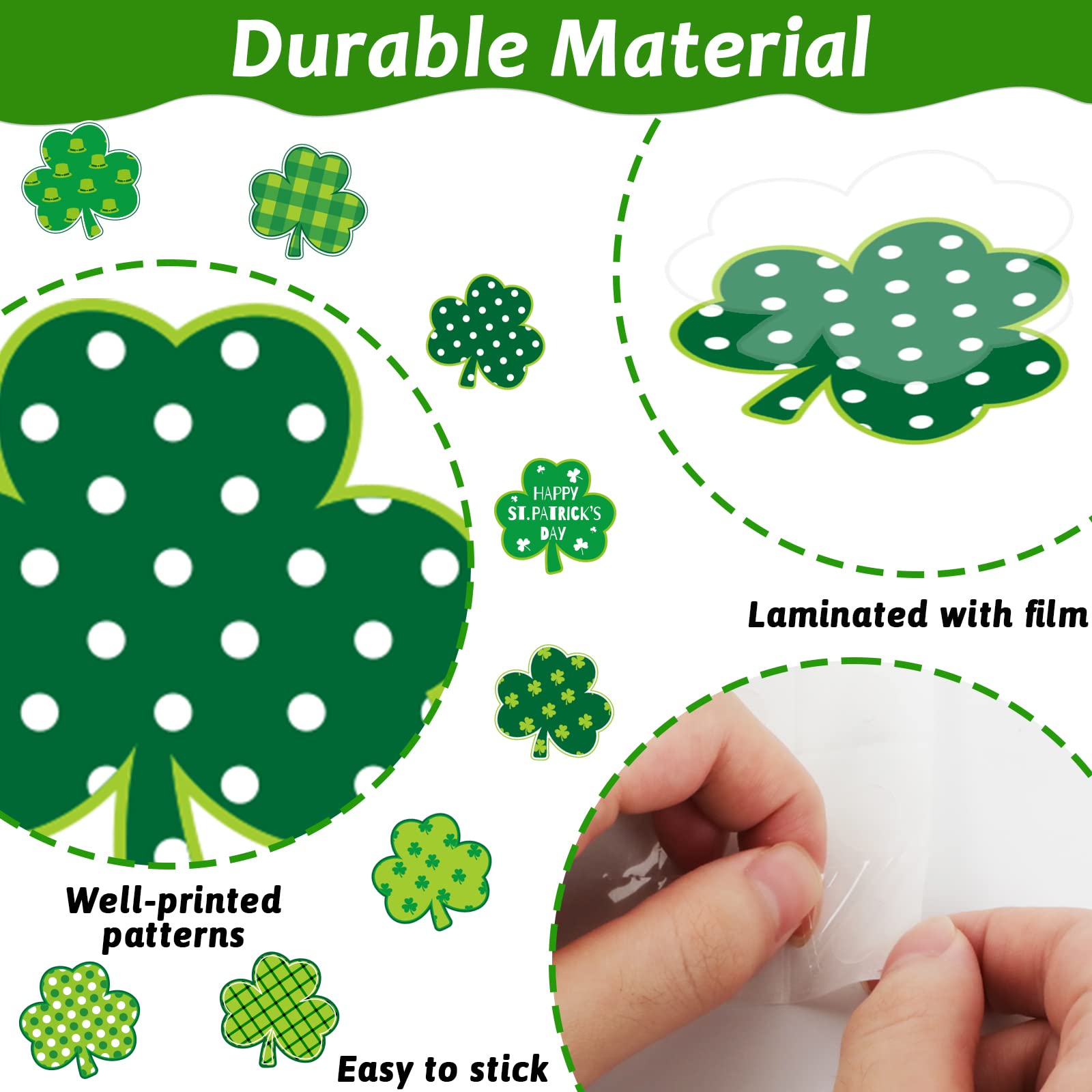 77Pcs St. Patrick's Day Shamrock Cutouts Decorations Green Lucky Irish Paper Clover Cut-Outs Includes Glue Points and Rope for Classroom Bulletin Board Game Party Supplies