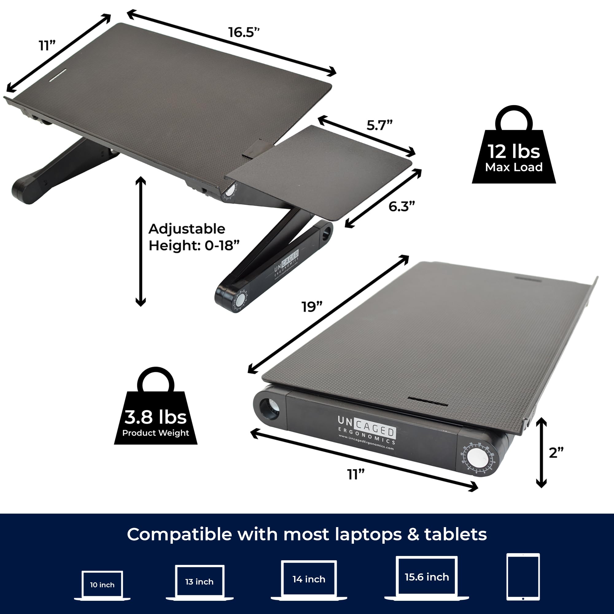 WorkEZ BEST Adjustable Laptop Stand Lap Desk for Bed Couch with Mouse Pad ergonomic height angle tilt aluminum desktop riser tray portable computer riser table cooler cooling folding holder black