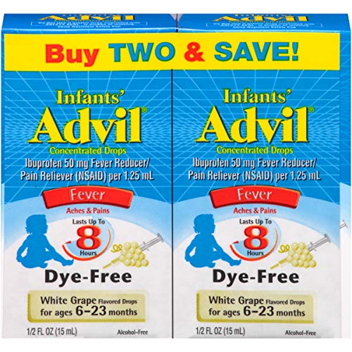 Advil Infants' Fever Reducer/Pain Reliever Dye-Free, 50mg Ibuprofen Concentrated Drops (White Grape Flavor, 0.5 fl. oz. Bottle, Pack of 2)