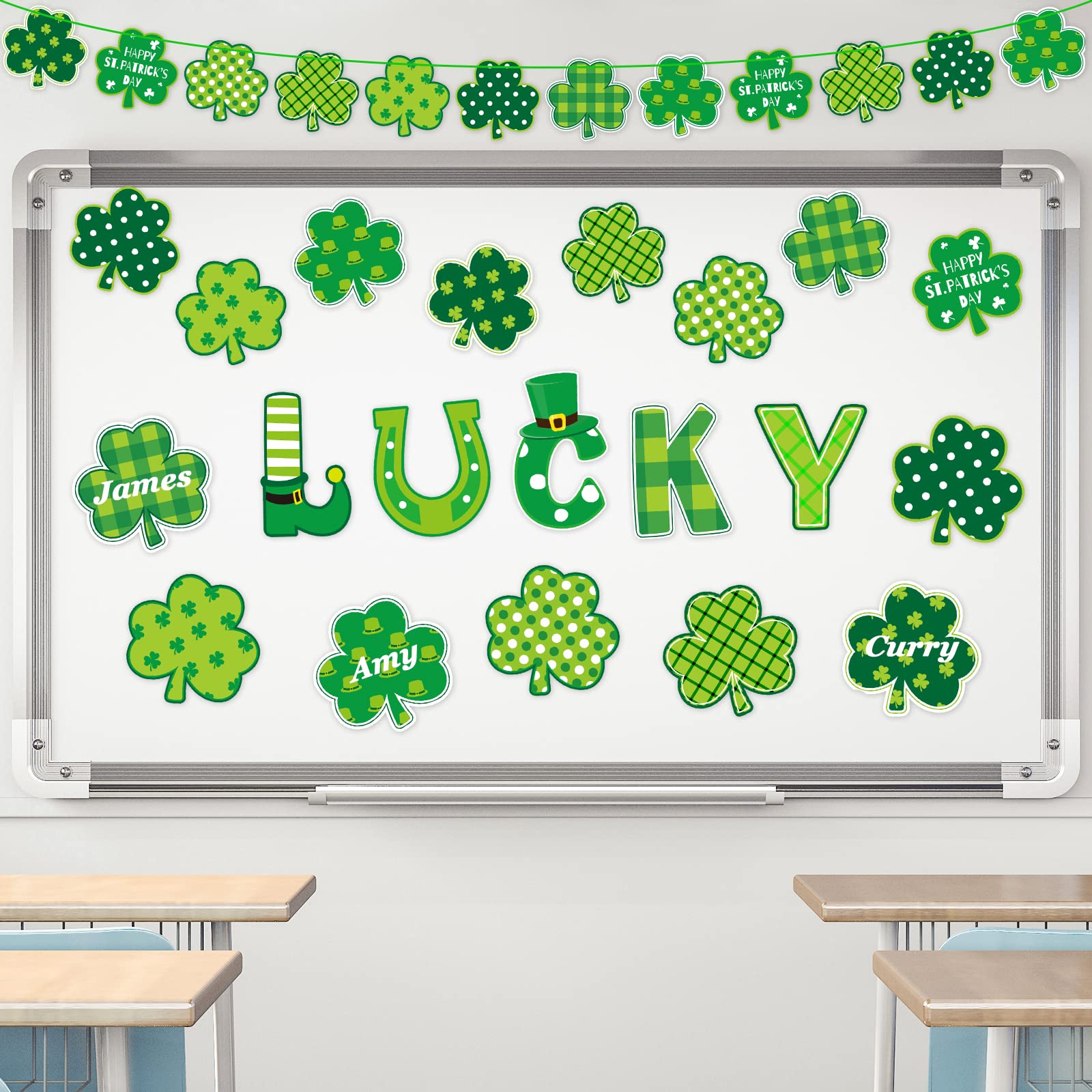 77Pcs St. Patrick's Day Shamrock Cutouts Decorations Green Lucky Irish Paper Clover Cut-Outs Includes Glue Points and Rope for Classroom Bulletin Board Game Party Supplies