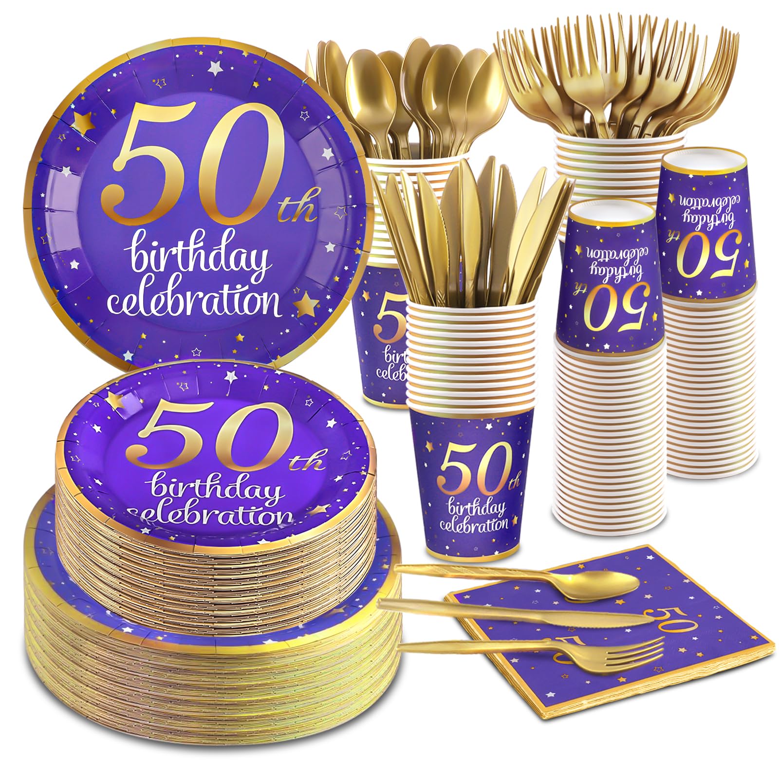 168PCS 50th Birthday Party Supplies Disposable Paper Plates Napkins Cups Knives Spoons Forks for Men women Purple and Gold 50 Birthday Party Decorations Serve 24