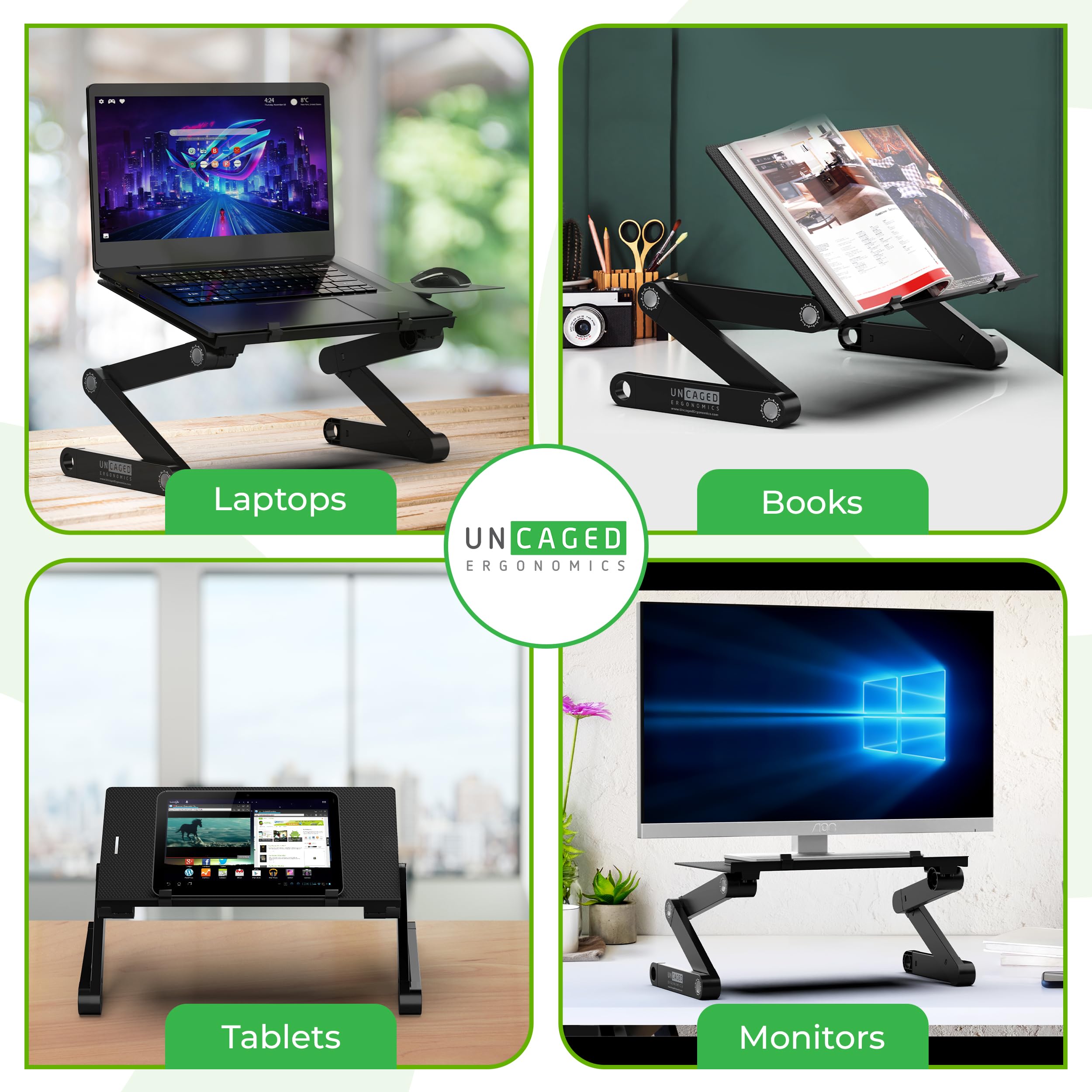 WorkEZ BEST Adjustable Laptop Stand Lap Desk for Bed Couch with Mouse Pad ergonomic height angle tilt aluminum desktop riser tray portable computer riser table cooler cooling folding holder black