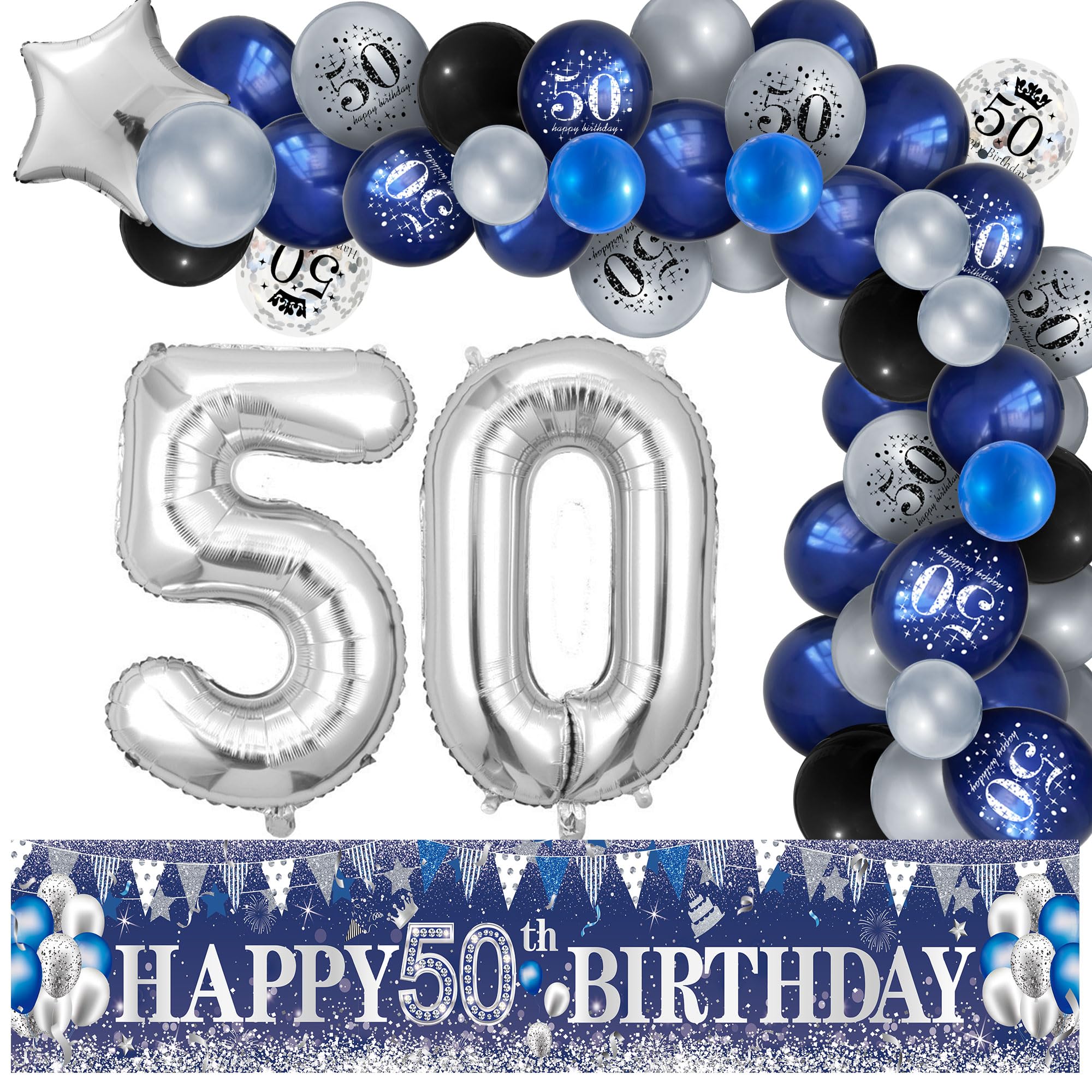 50th Birthday Party Decorations Navy Blue Silver Happy 50th Birthday Yard Banner with 61pcs Latex Balloons Foil Number 50 Balloons Backdrop for Men Women Birthday Anniversary Party Decor Supplies