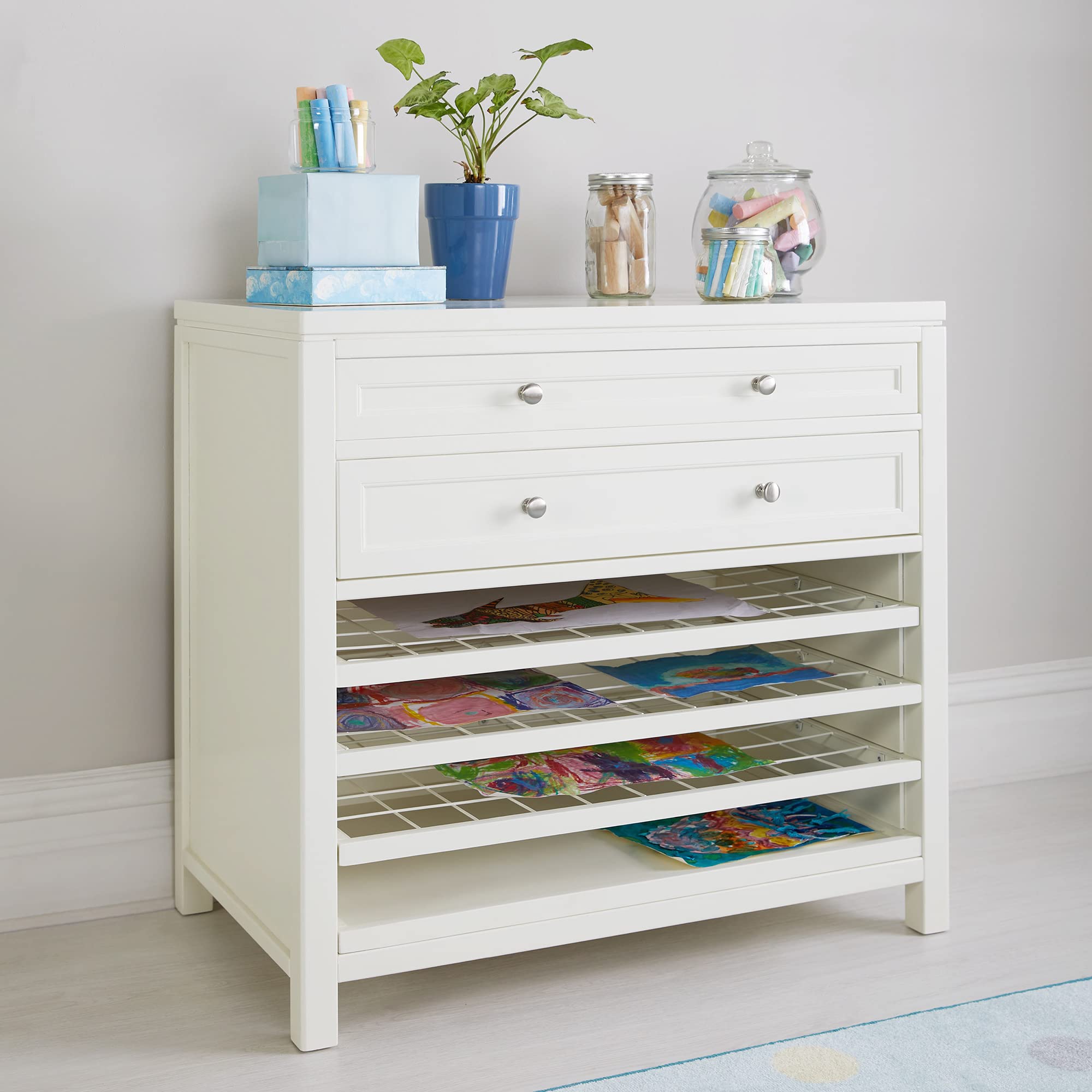 MARTHA STEWART Crafting Kids' Art Storage with Drying Racks - Gray, Wooden Arts and Crafts Organizer with Removable Wire Racks and Painting Drip Pan