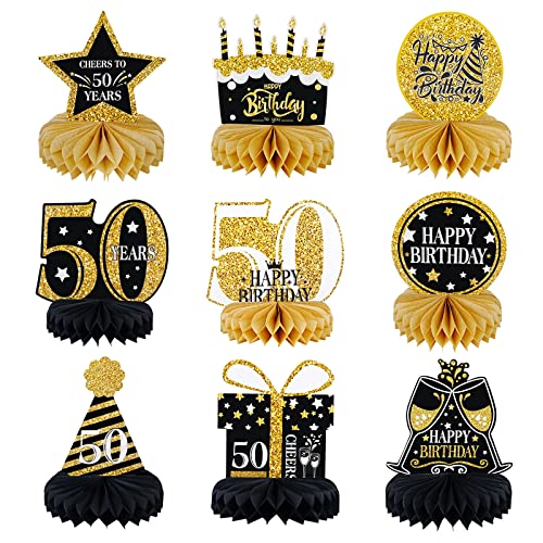 50th Birthday Decorations, Table Honeycomb Centerpiece, 50 Year Old Man and Woman Party Decorations Supplies, Honeycomb Decorations for for Man Women, Black and Gold Birthday Ornaments-9 Pieces