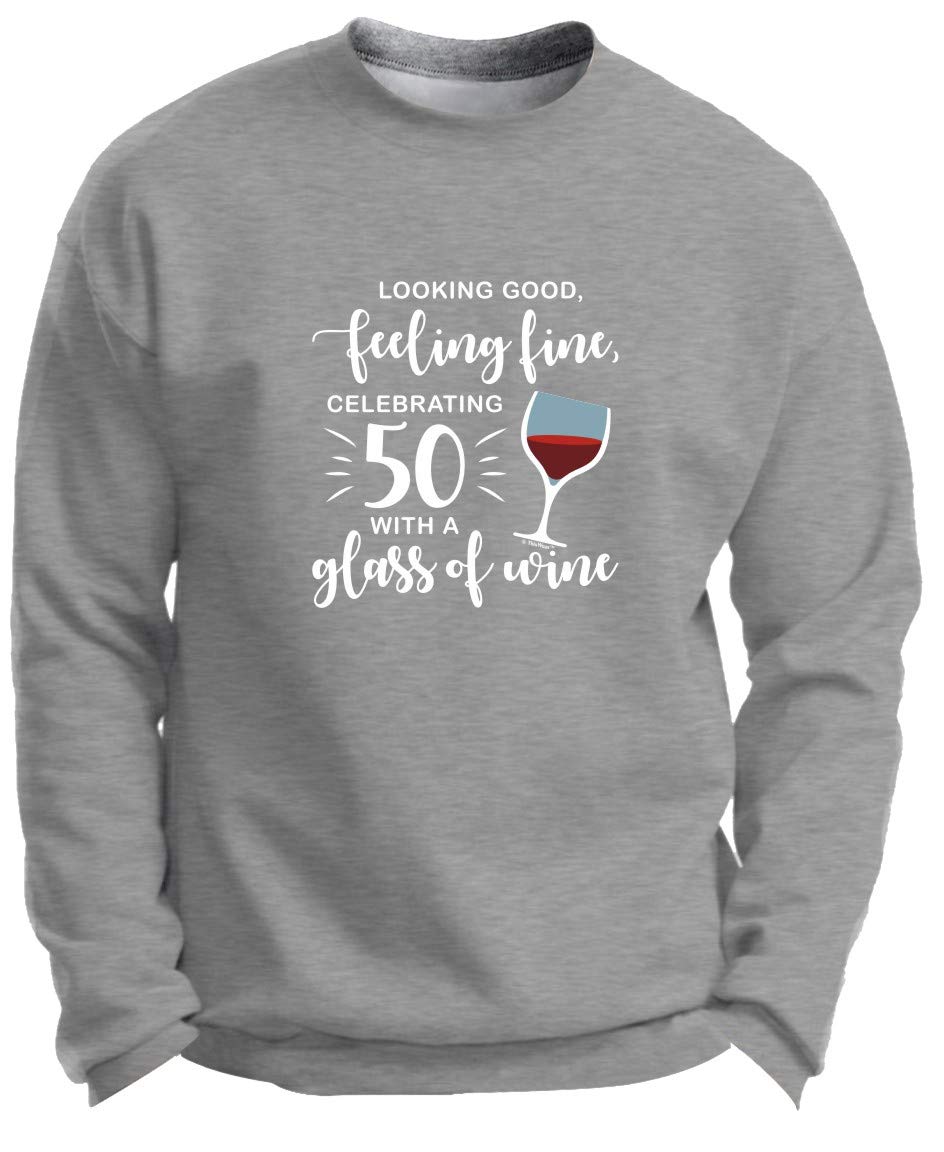 50th Birthday Party Supplies Wine 50th Gifts Feeling Fine Celebrating 50 with a Glass of Wine Premium Crewneck Sweatshirt 2XL LtStl