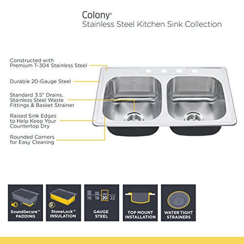 American Standard 20DB.8332283S.075 Colony Top Mount 33x22 Double Bowl Stainless Steel 3-Hole Kitchen Sink