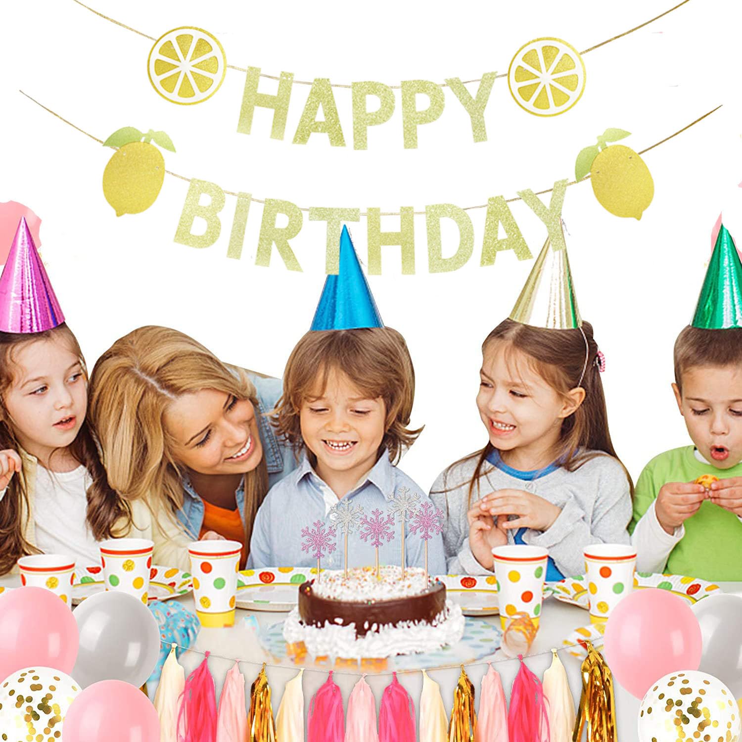 KUNGOON Lemon Happy Birthday Banner, Lemonade Birthday Party Decorations, 7 inches x 5.9 inches, Yellow