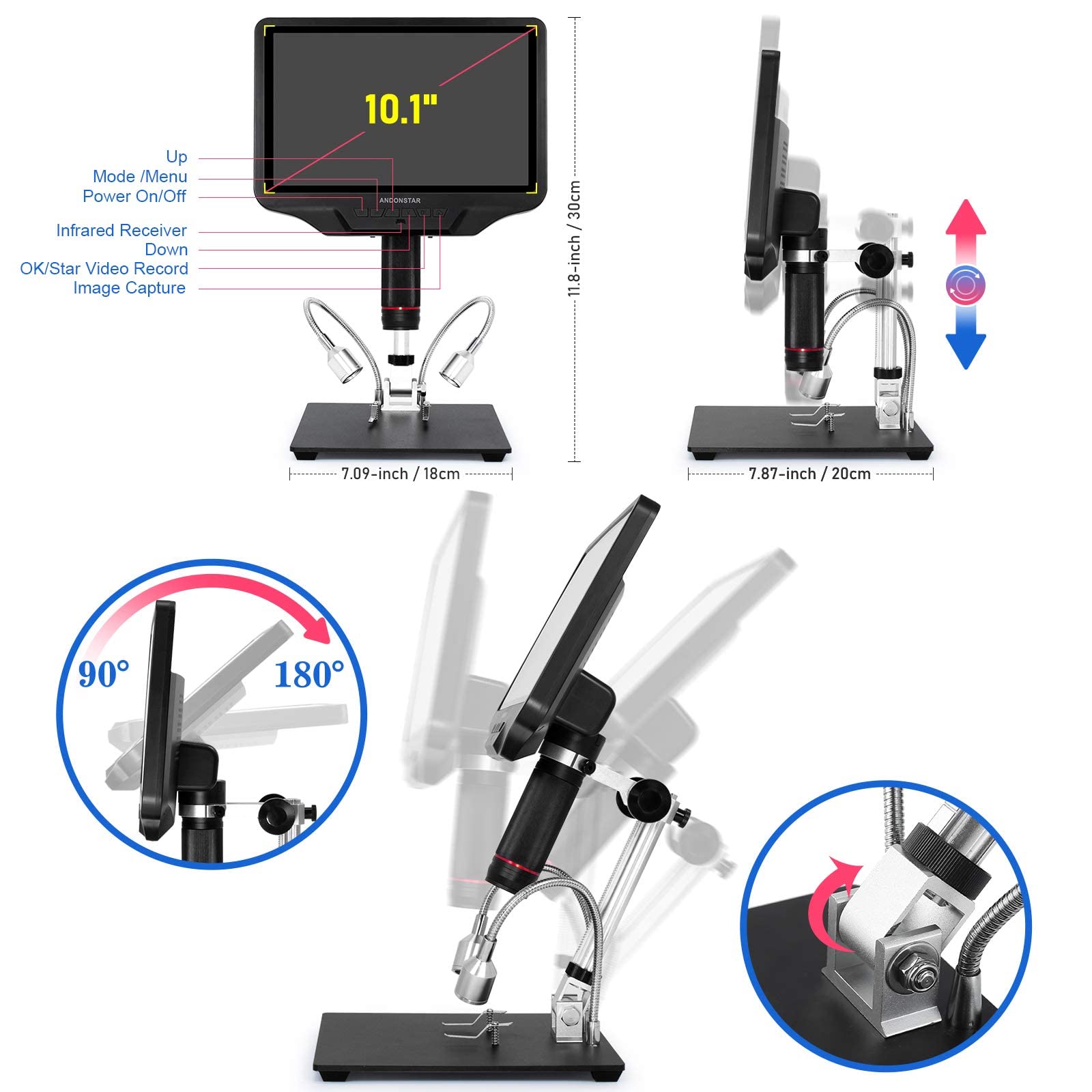Andonstar AD409 10.1 inch HDMI Digital Microscope for Soldering 300X Electronic Microscope Camera for PCB Circuit Board Repair, Windows Compatible