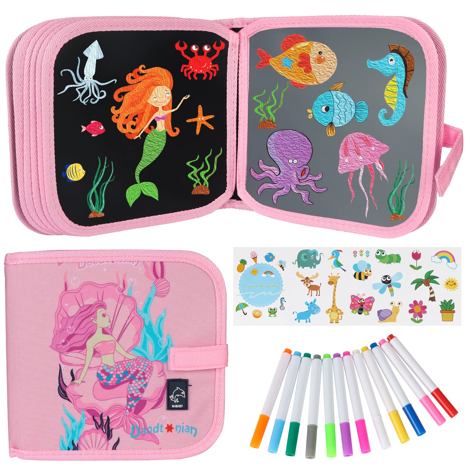 Qrytoi Erasable Book Doodle Set for Kids,Magic Drawing Book for Kids,Reusable Drawing Book 12 Watercolor Pens 14 Page Drawing,Road Trip Car Game Writing Painting Set for Boys and Girls (Mermaid)