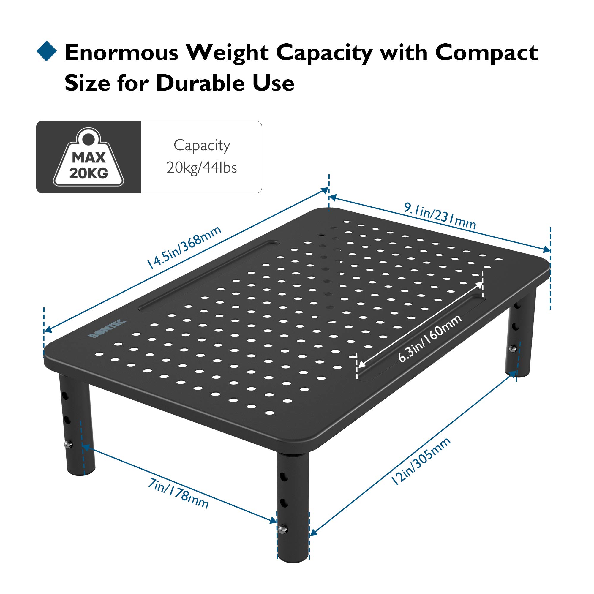 BONTEC Monitor Stand Riser, 3 Height Adjustable Monitor Stand with Pen Holder, Ergonomic Metal Laptop Stand with Cable Management, Great Computer Stand for Laptop, iMac, PC, Printer, 14.5 in, Black