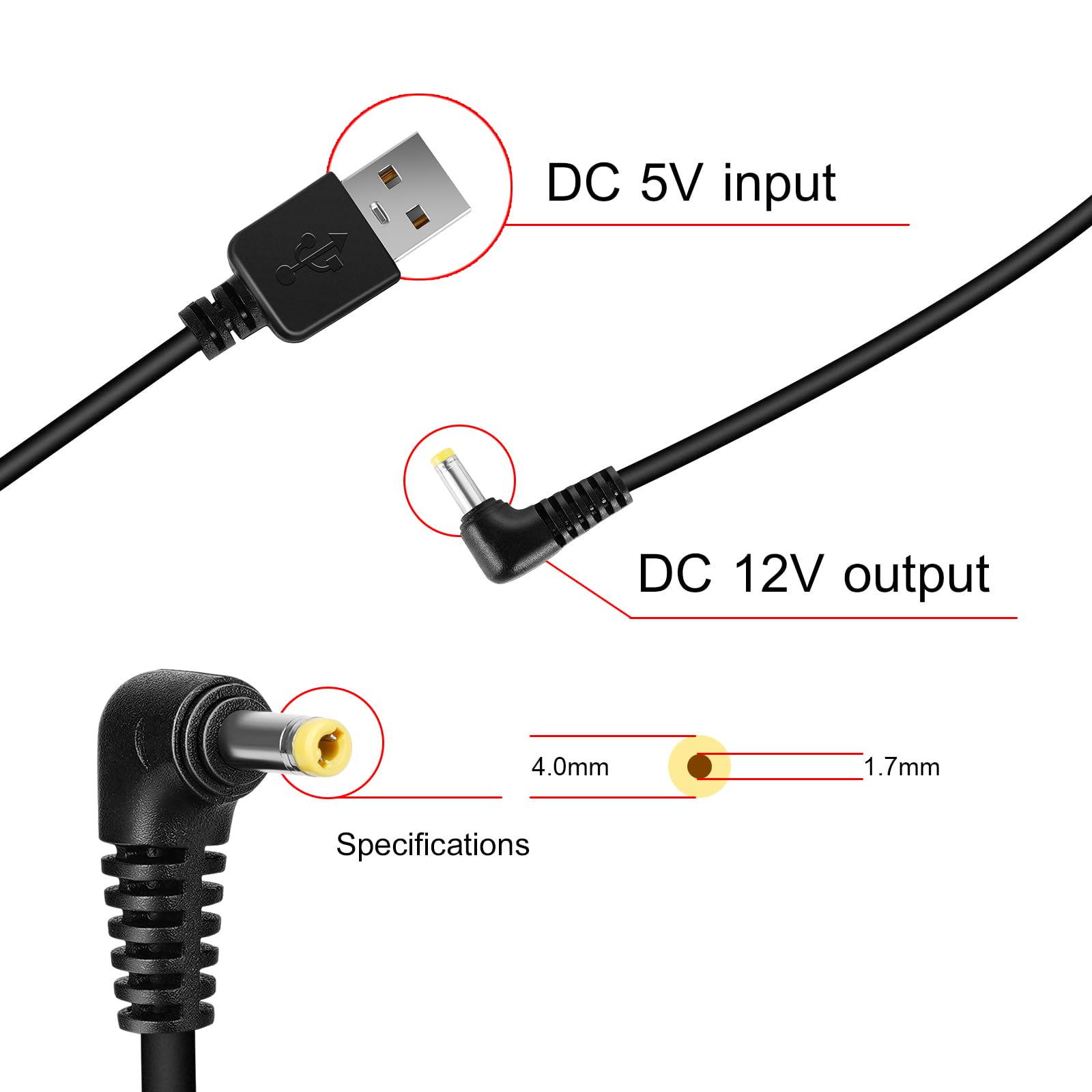 YAXIGE USB 5V to 12V DC Socket Mobile Cable 4mm x 1.7mm, Compatible with Dot Devices, USB Boost Converter Cable, Power Adapter Cable, LED Small Lighting, Small Fan Speaker