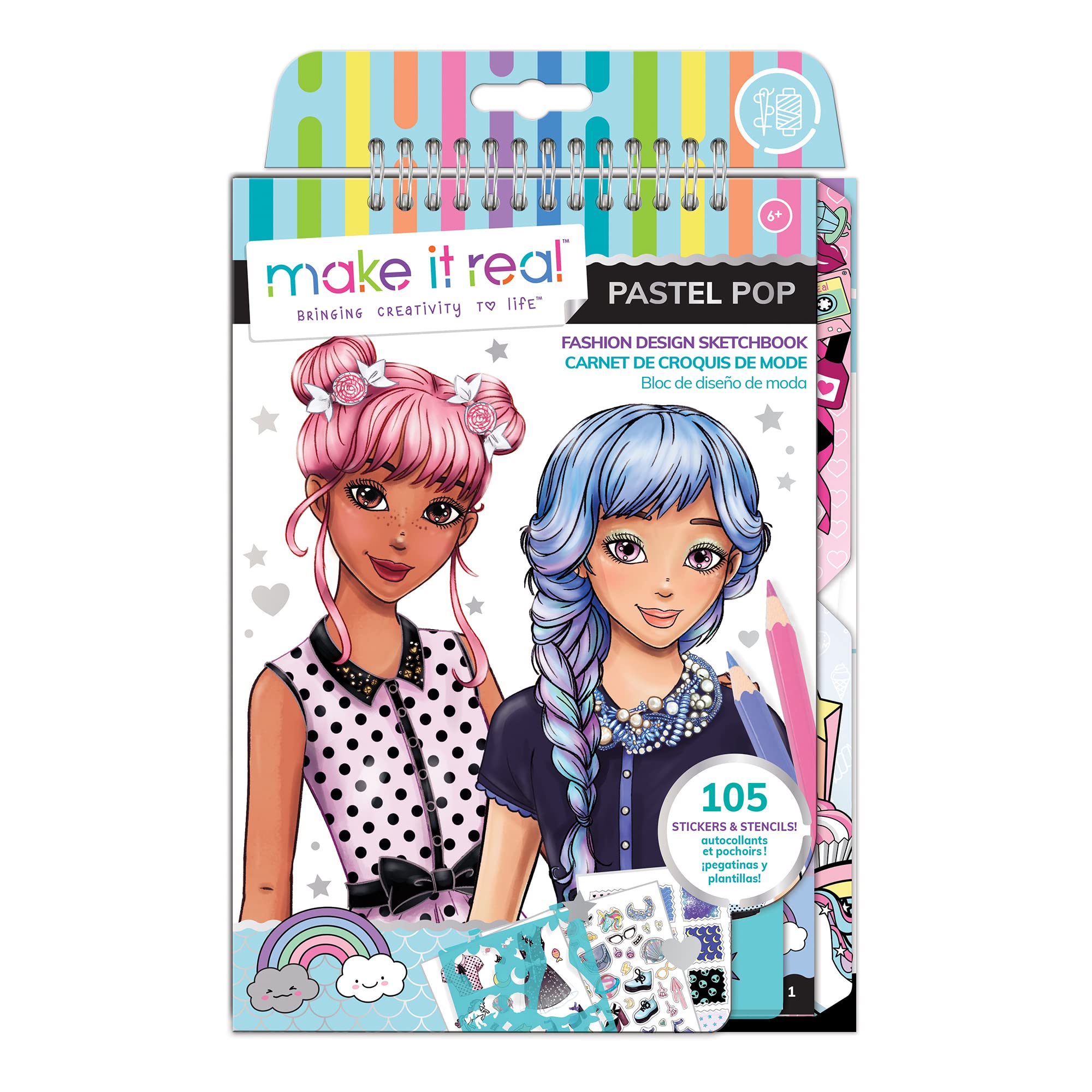 Make It Real Fashion Design Sketchbook for Girls - Pastel Pop Kit with 105 Stickers, Stencils, Design Guide - Pastel & Rainbow-Themed Fashion, Creative Gift Kids Ages 6+, Develops Real-World Skills