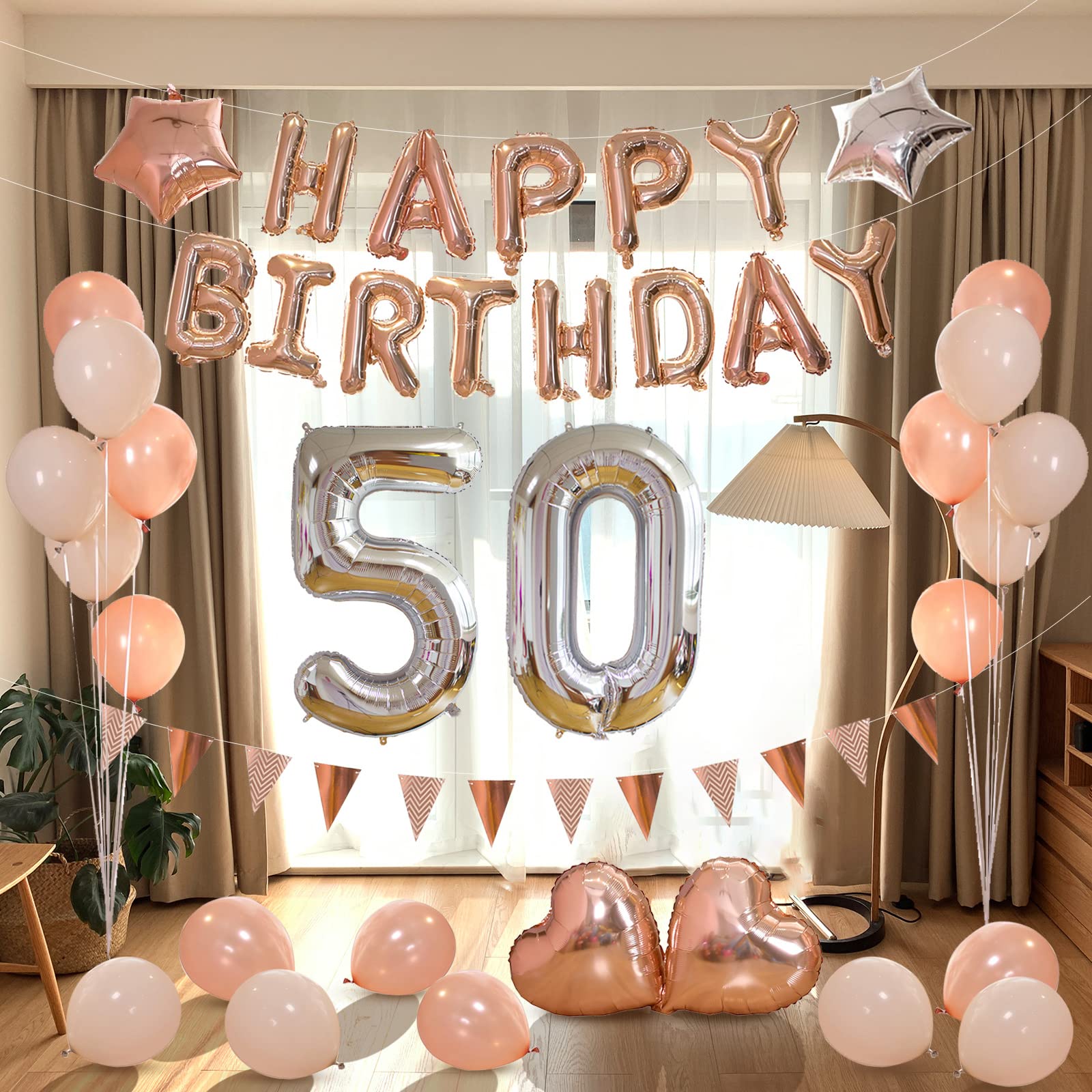 Rose gold 50th birthday decorations for woman number 50 happy birthday balloons letters for man balloon banner party Supplies for him