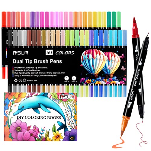 IVSUN 50 Colors Dual Tip Brush Pens Art Markers, Fine Point and Brush Tip Colored Pen for Kids Adult Coloring Books Note Taking Coloring Writing, Bullet Journals Planners, Art Supplies