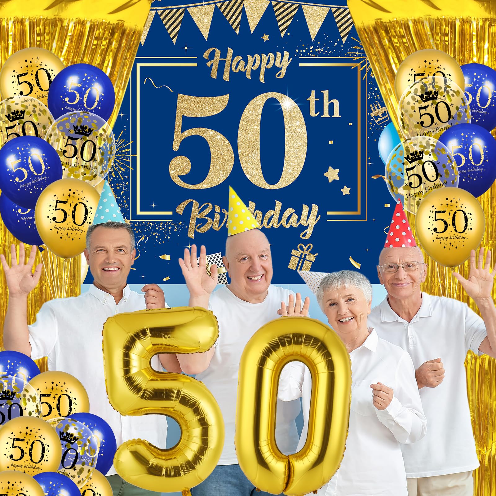 105Pcs Blue Gold 50th Birthday Decorations for Men Includes Navy Blue Happy 50th Birthday Banner 50th Birthday Balloons Gold Foil Fringe Curtains Tableware Set for 50th Birthday Party Supplies