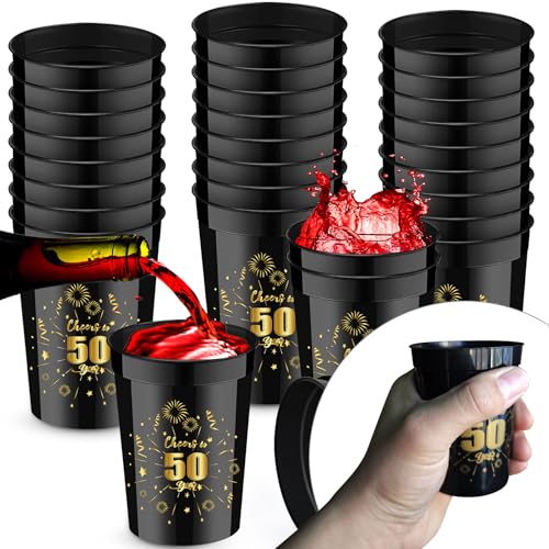 Mototo 30 Pieces 50th Small Birthday Cups 8 oz Cheer to 50 Years Plastic Cups Plastic Birthday Stadium Cups Black and Gold Plastic Cups for Birthday Party Favors Anniversary Wedding Party Supplies