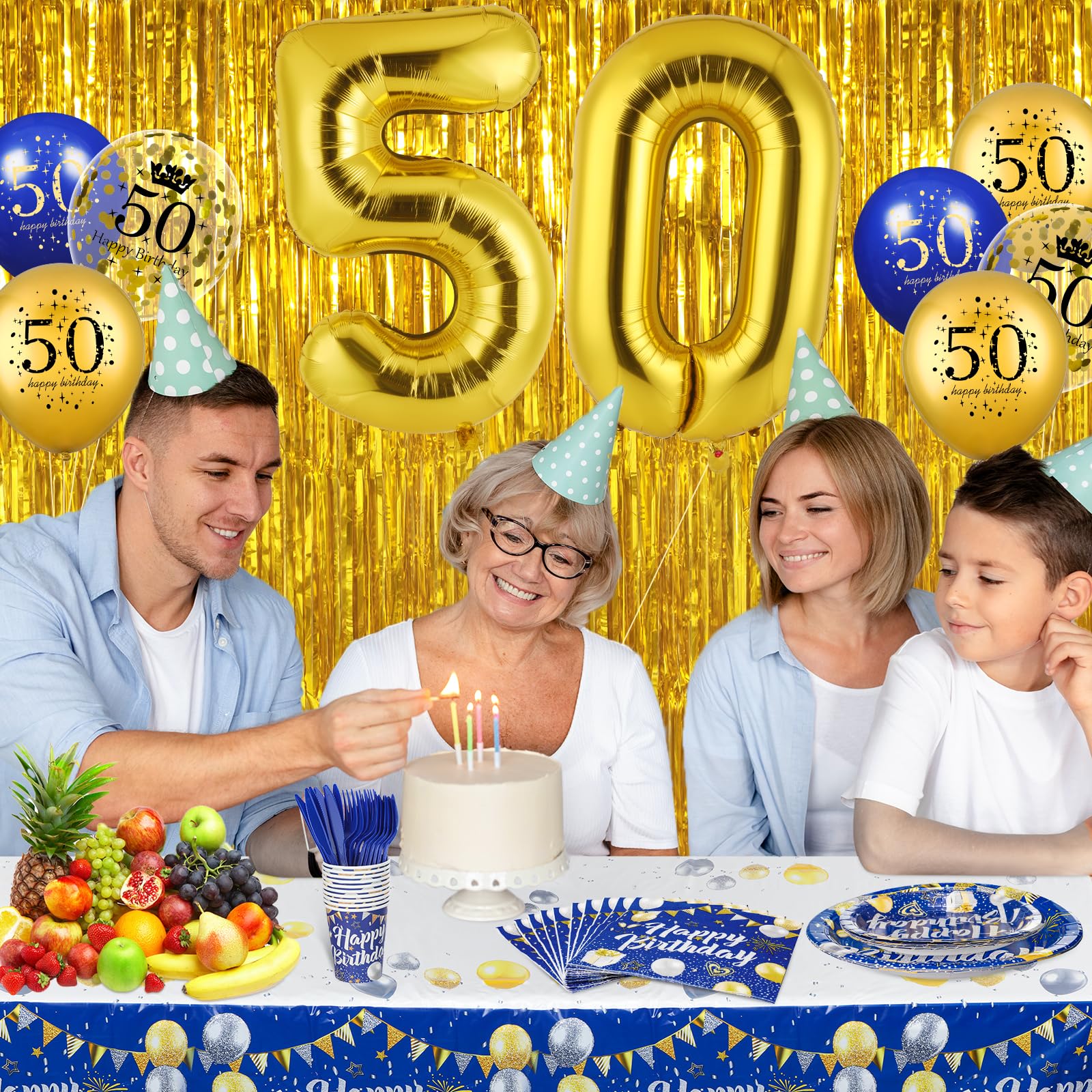 105Pcs Blue Gold 50th Birthday Decorations for Men Includes Navy Blue Happy 50th Birthday Banner 50th Birthday Balloons Gold Foil Fringe Curtains Tableware Set for 50th Birthday Party Supplies