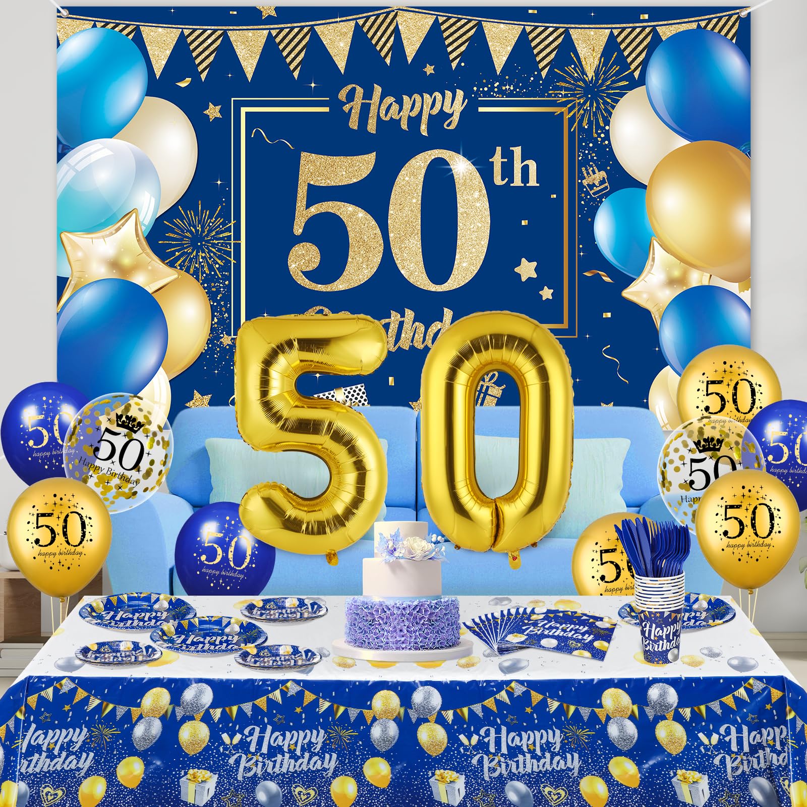 105Pcs Blue Gold 50th Birthday Decorations for Men Includes Navy Blue Happy 50th Birthday Banner 50th Birthday Balloons Gold Foil Fringe Curtains Tableware Set for 50th Birthday Party Supplies