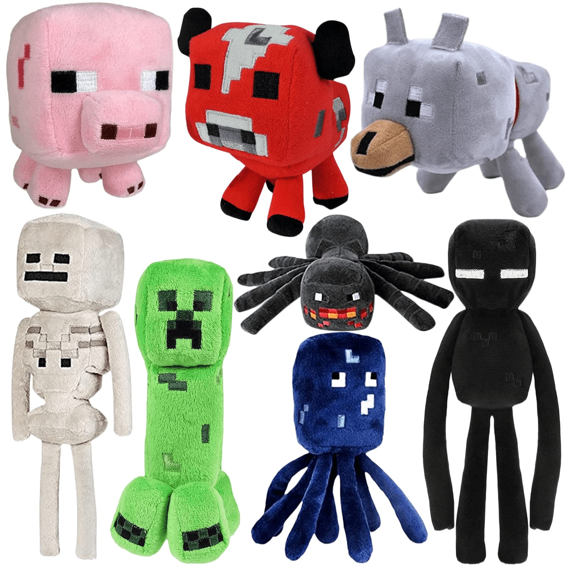 Song Voice 8-Pack-Game Plush (2024 New Suit) Creeper Plush, Enderman Plush, Baby Wolf, Baby Pig, Spider, Baby Mooshroom, Skeleton Shooter, Squid Stuffed Animals Toys,Great Gift for Children and Fans.