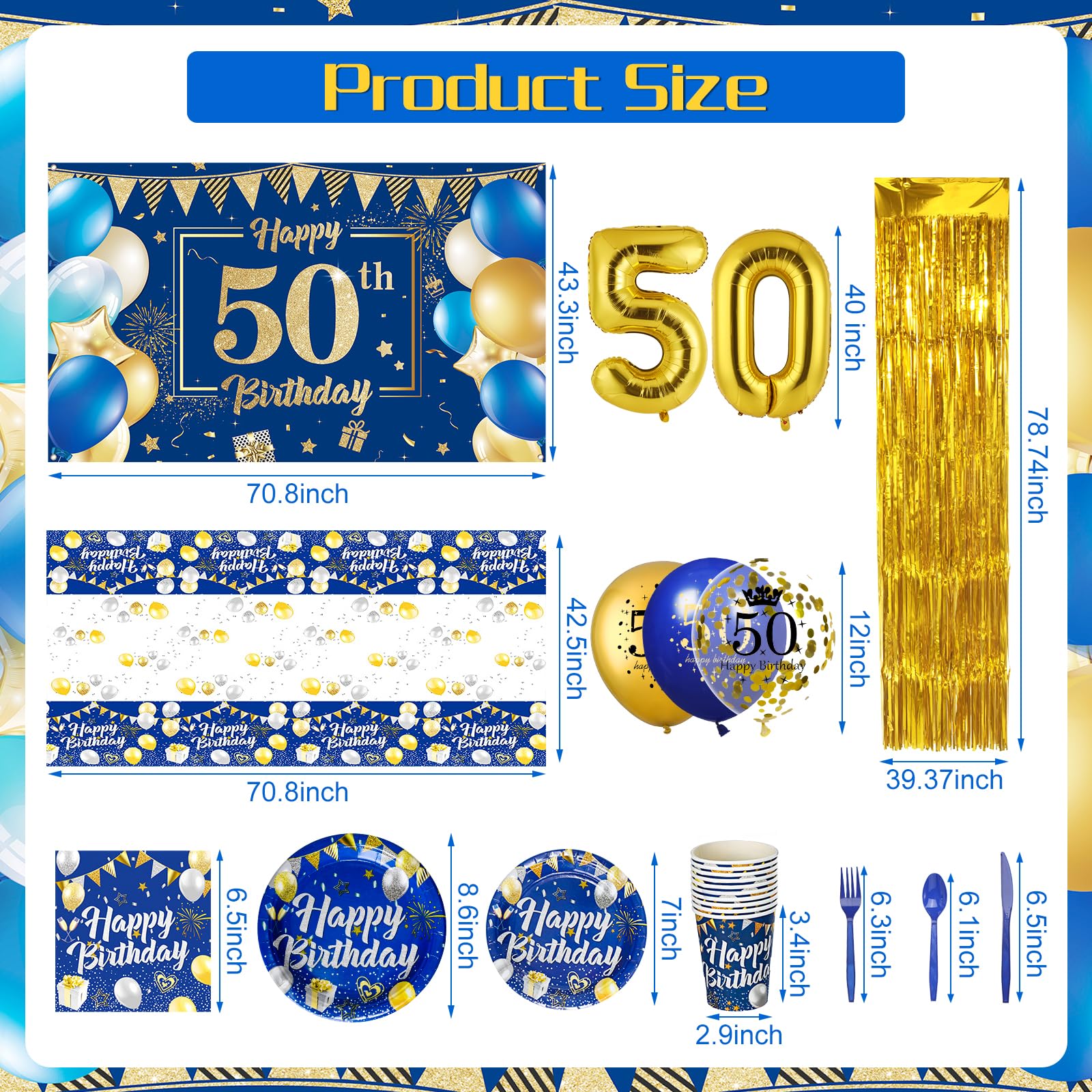 105Pcs Blue Gold 50th Birthday Decorations for Men Includes Navy Blue Happy 50th Birthday Banner 50th Birthday Balloons Gold Foil Fringe Curtains Tableware Set for 50th Birthday Party Supplies