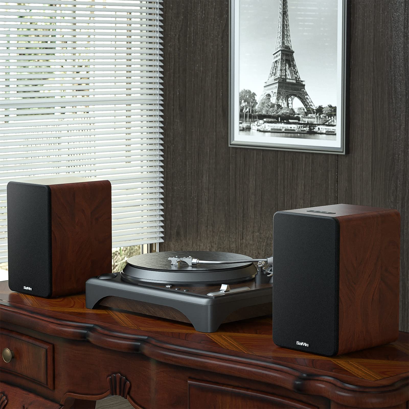Saiyin Bluetooth Bookshelf Speakers for Record Player, Powered Studio Monitor Speaker with 5.2 Inch Woofer, Horn Tweeter and Optical RCA Inputs, Subwoofer Line Out for Turnable.