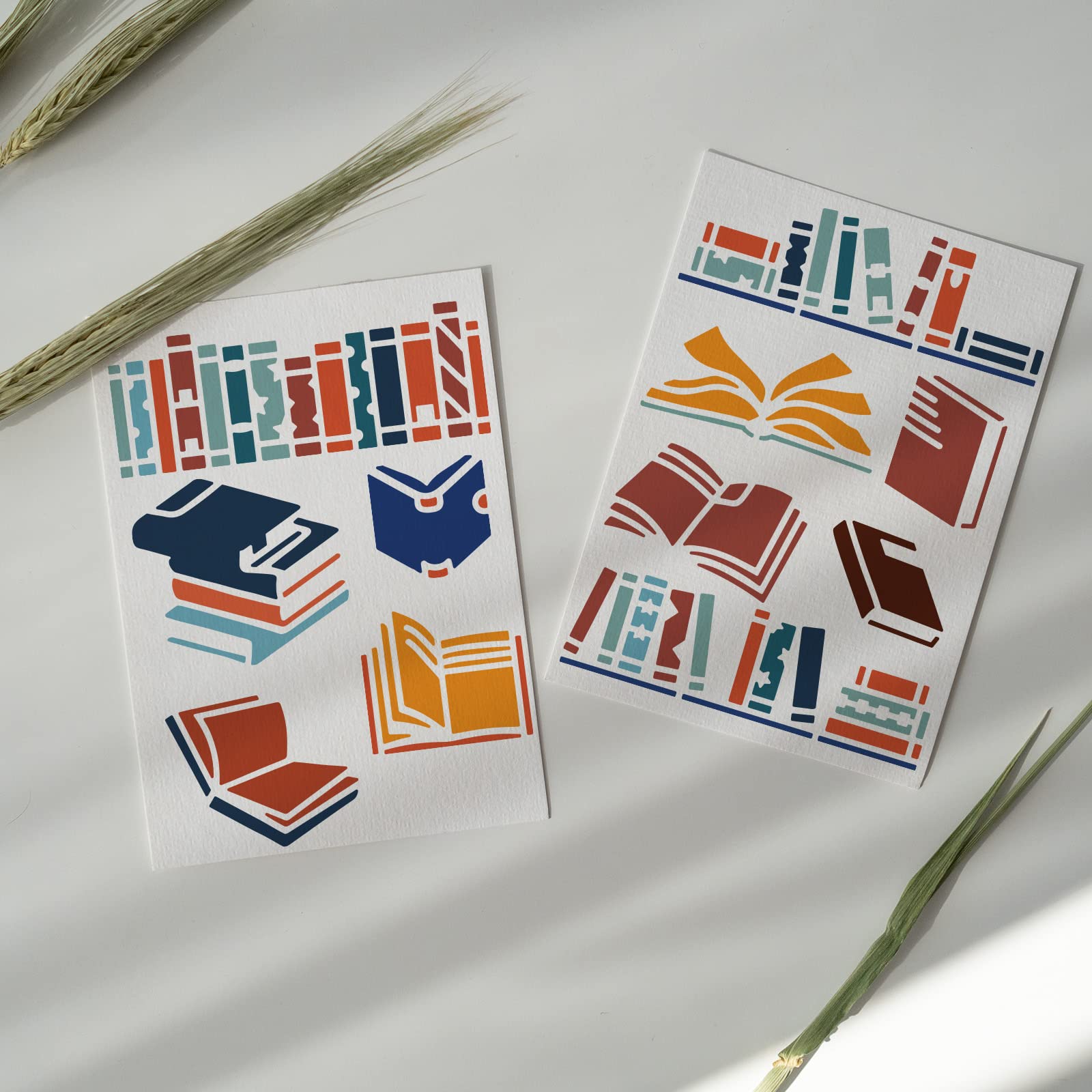 FINGERINSPIRE 4PCS Book Stencils for Painting 5.9x5.9 inch Plastic PET Collection Books Stencil Templates Reusable Stacked Standing Book Drawing Stencil for Office Study Library Wall Decor
