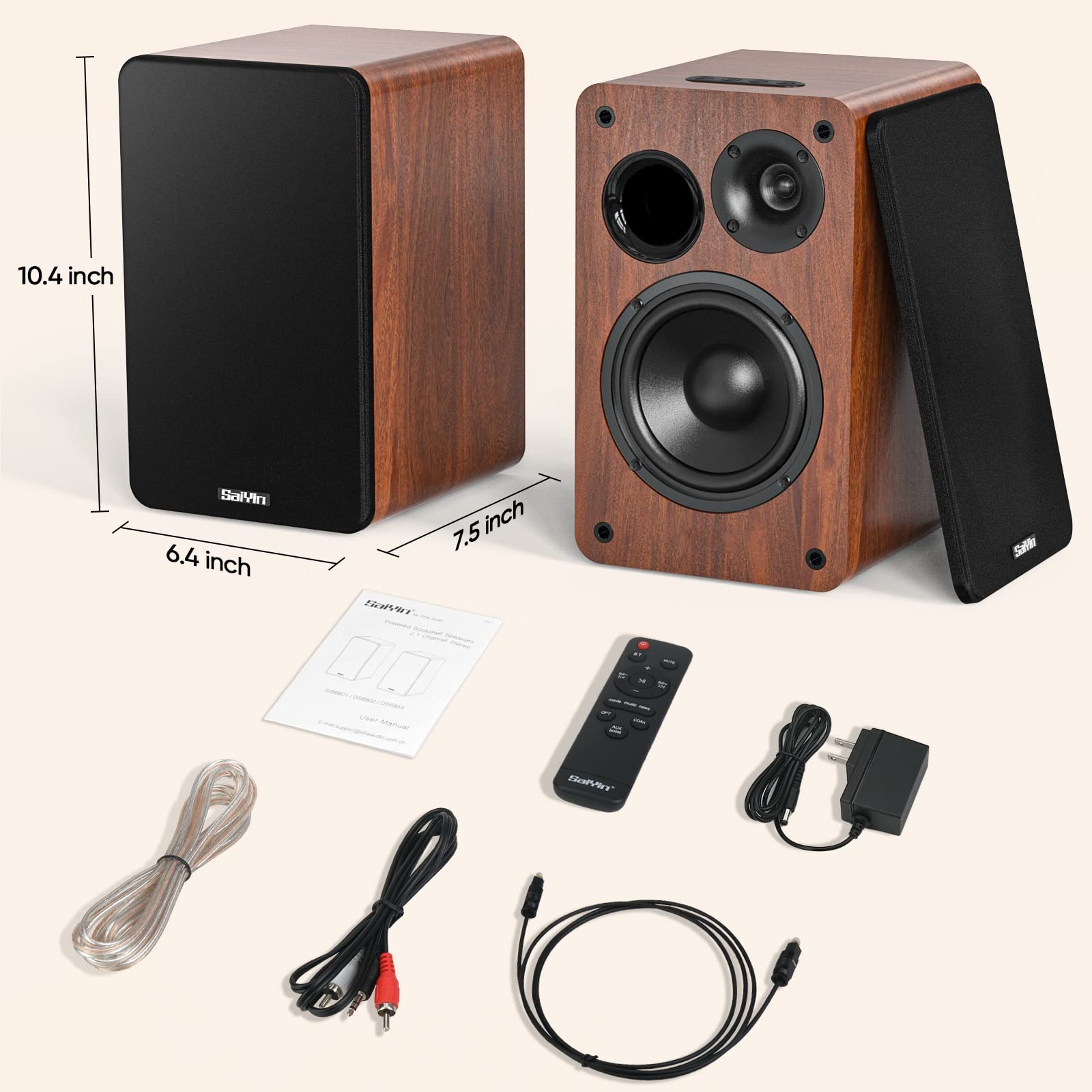 Saiyin Bluetooth Bookshelf Speakers for Record Player, Powered Studio Monitor Speaker with 5.2 Inch Woofer, Horn Tweeter and Optical RCA Inputs, Subwoofer Line Out for Turnable.