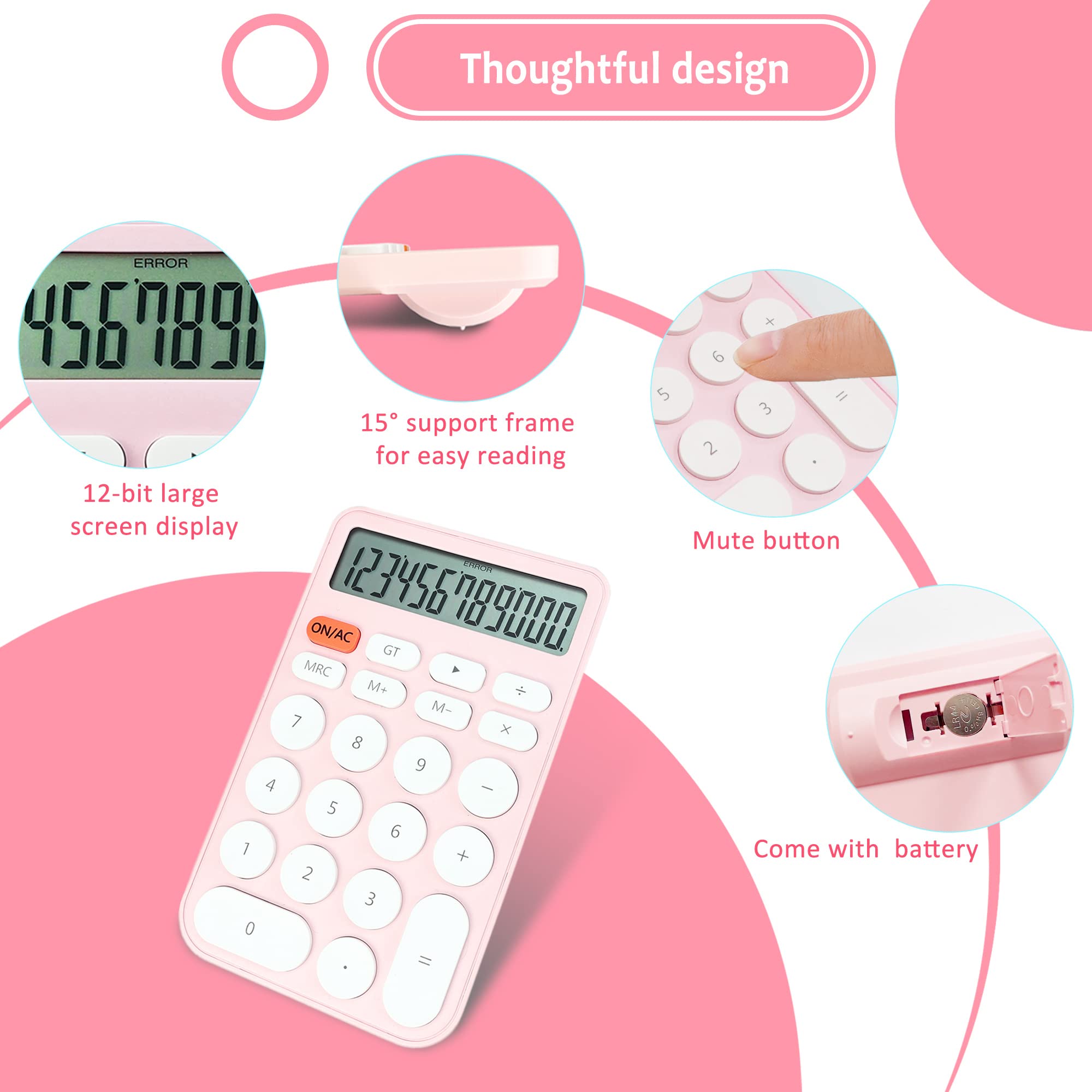Standard Calculator 12 Digit,Desktop Large Display and Buttons,Calculator with Large LCD Display for Office,School, Home & Business Use,Automatic Sleep,with Battery (Pink and White)
