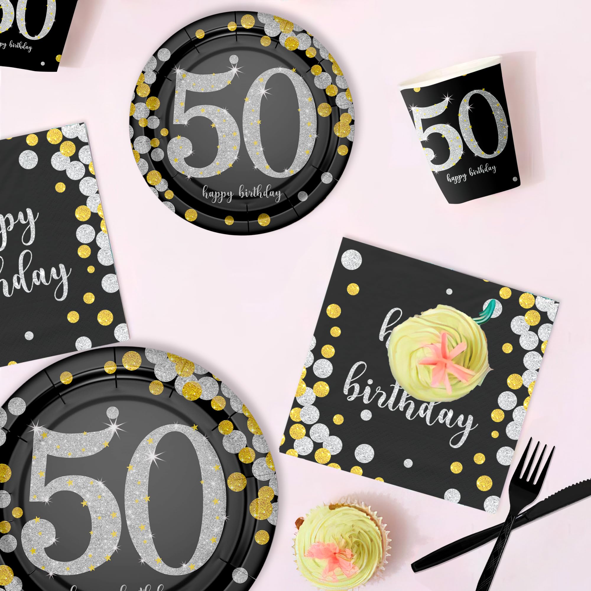 HIPVVILD Happy 50th Birthday Decorations Tableware Men Women - 50th Birthday Plates & Napkins Party Supplies, Plate, Cup, Napkin, Tablecloth, Cutlery, 50 Year Old Birthday Table Decorations | Serve 24
