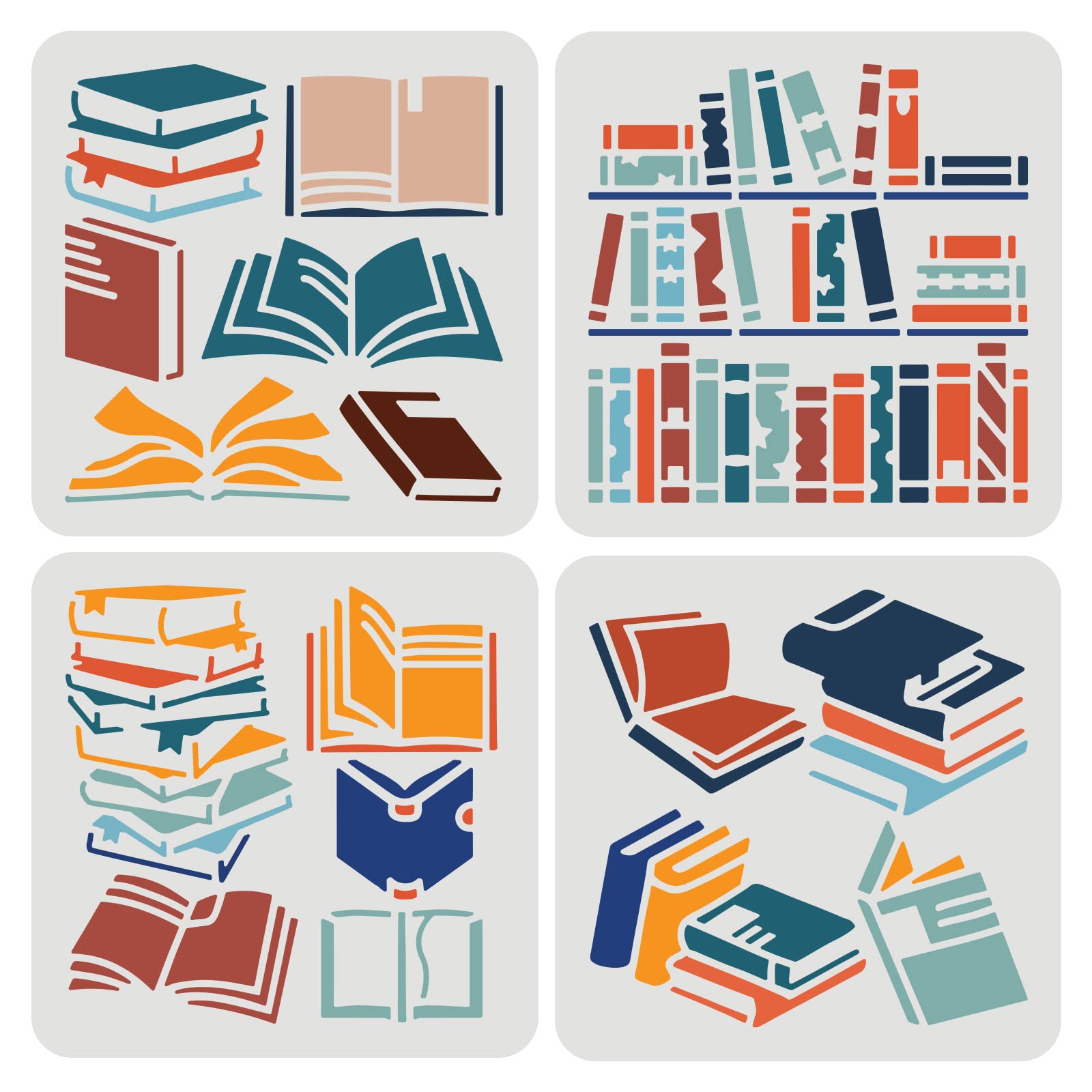 FINGERINSPIRE 4PCS Book Stencils for Painting 5.9x5.9 inch Plastic PET Collection Books Stencil Templates Reusable Stacked Standing Book Drawing Stencil for Office Study Library Wall Decor