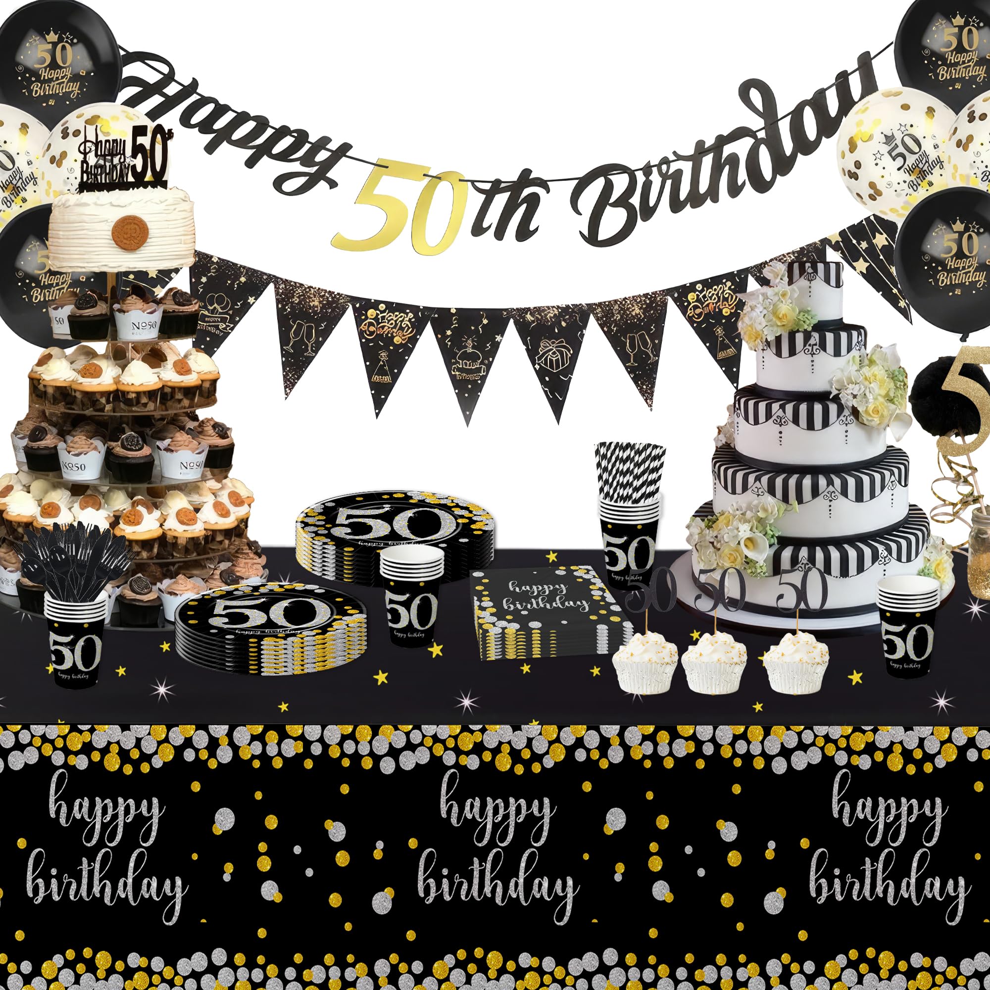 HIPVVILD Happy 50th Birthday Decorations Tableware Men Women - 50th Birthday Plates & Napkins Party Supplies, Plate, Cup, Napkin, Tablecloth, Cutlery, 50 Year Old Birthday Table Decorations | Serve 24
