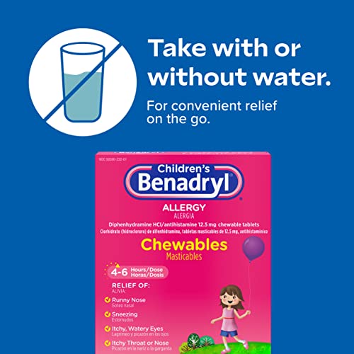 Benadryl Children's Allergy Chewables with Diphenhydramine HCl, Antihistamine Chewable Tablets in Grape Flavor, Three Pack, 3 x 20 ct Each, 60 ct