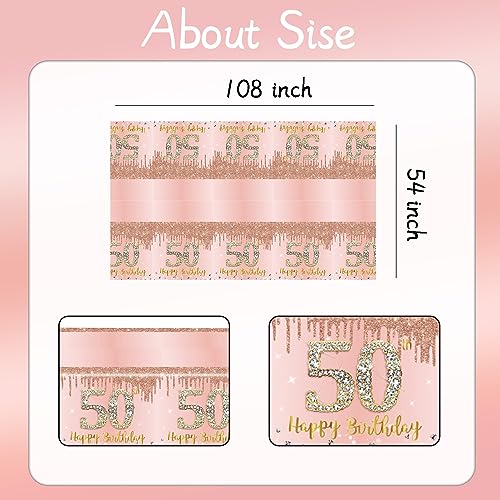 BAIFURRY 3 Piece 50th Pink Rose Gold Happy Birthday Theme Decorations for Womens, Fifty Year Old Happy Birthday Tablecloth Party Supplies, Plastic Disposable Rectangular Tablecloth Decorations
