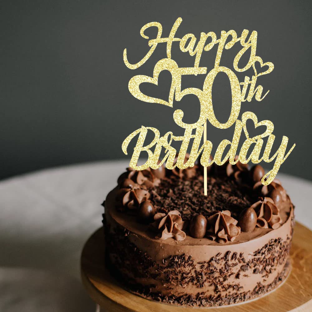 Happy 50th Birthday Cake Topper for 50th Birthday Party Decorations Supplies Gold Glitter