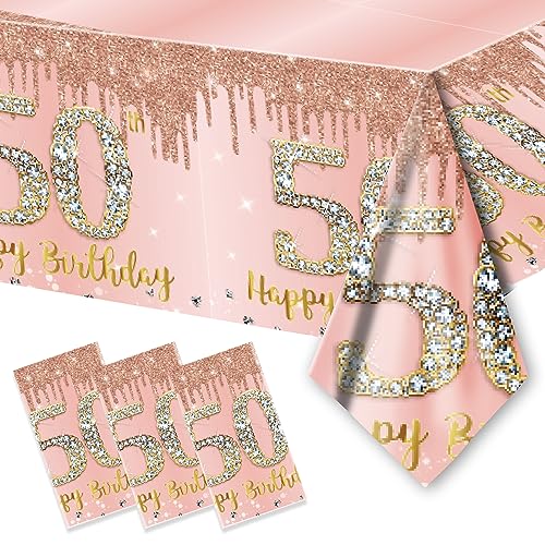 BAIFURRY 3 Piece 50th Pink Rose Gold Happy Birthday Theme Decorations for Womens, Fifty Year Old Happy Birthday Tablecloth Party Supplies, Plastic Disposable Rectangular Tablecloth Decorations