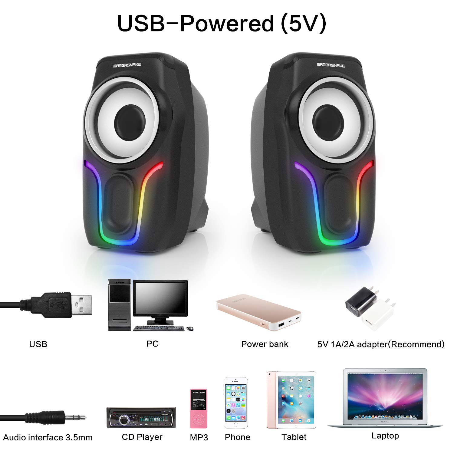 ZIYOU LANG Computer Speakers,2.0 Stereo Volume Control Gaming Speakers with Surround Sound,6 RGB LED Backlit Effect,USB Powered Wired Laptop Speakers with 3.5mm for Desktop Computer/PC/Laptops(Black)
