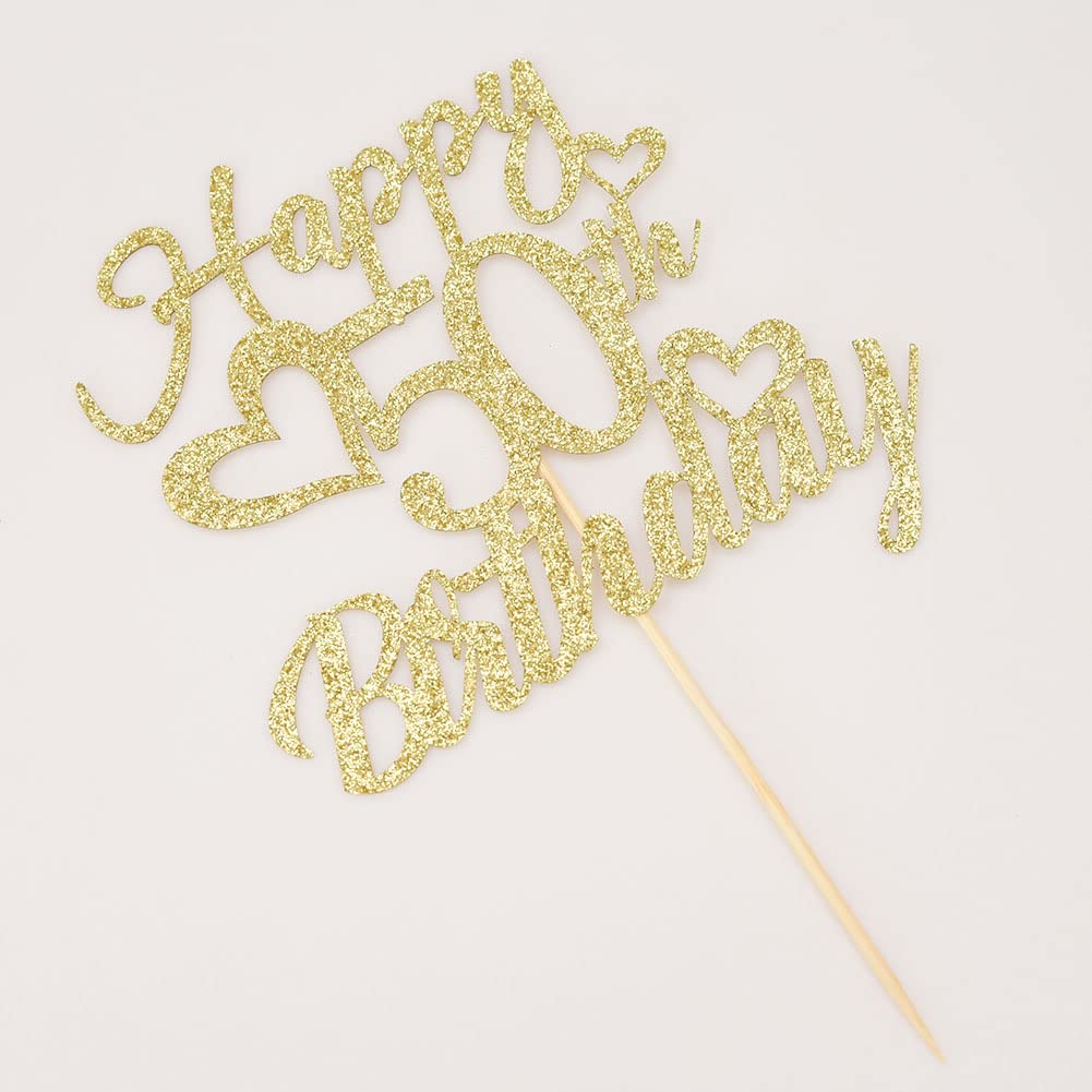 Happy 50th Birthday Cake Topper for 50th Birthday Party Decorations Supplies Gold Glitter