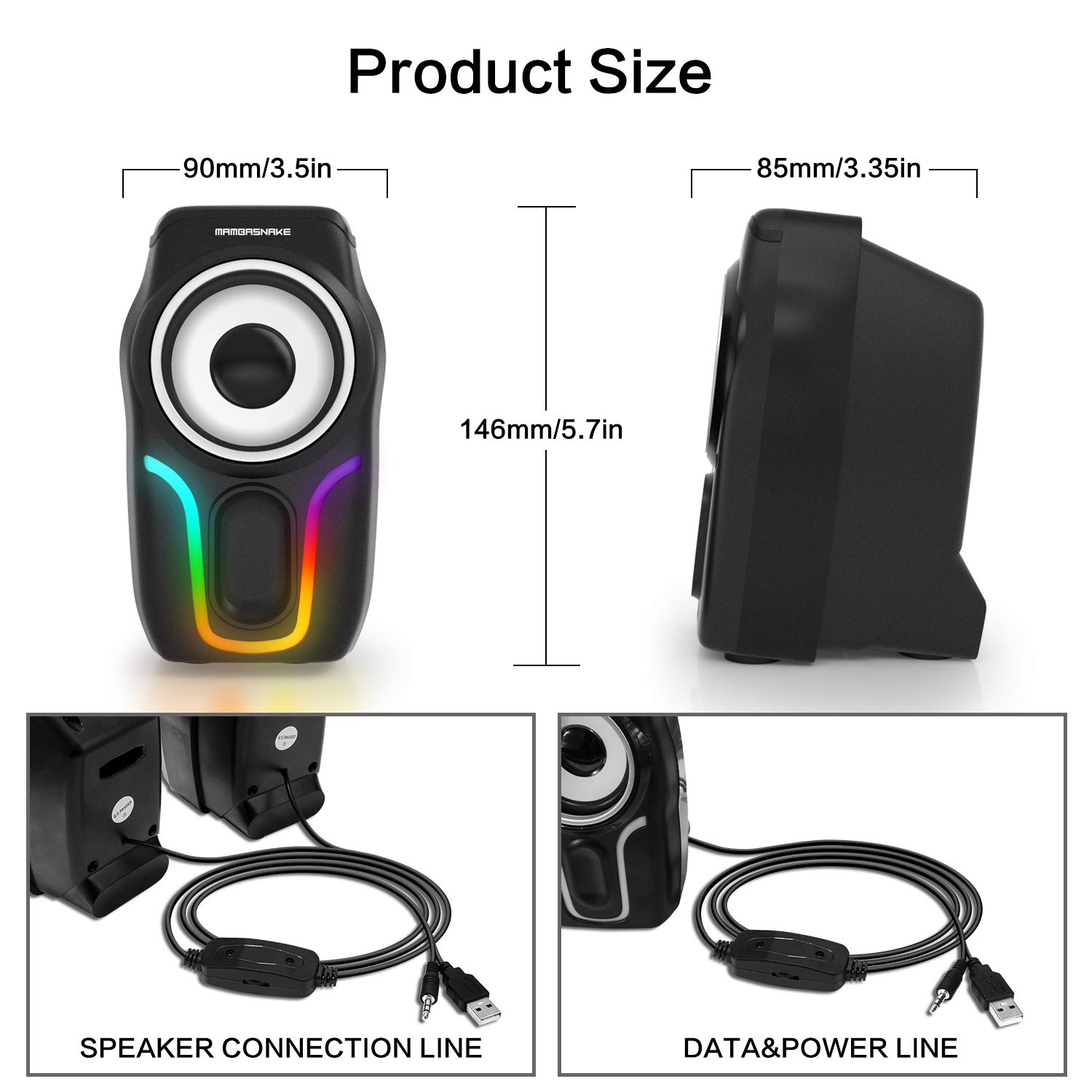 ZIYOU LANG Computer Speakers,2.0 Stereo Volume Control Gaming Speakers with Surround Sound,6 RGB LED Backlit Effect,USB Powered Wired Laptop Speakers with 3.5mm for Desktop Computer/PC/Laptops(Black)